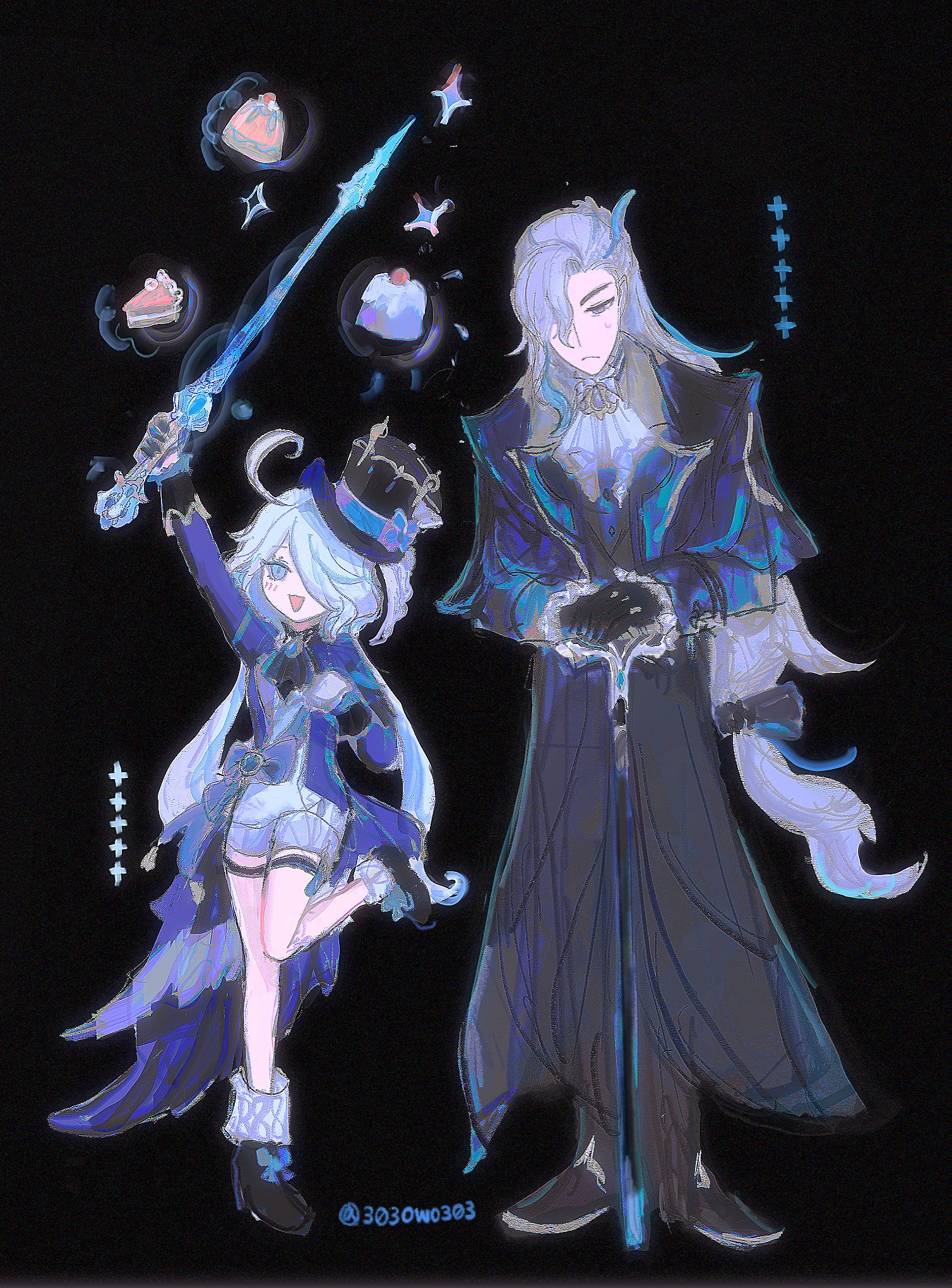 Safebooru - 1boy 1girl 303owo303 ahoge ascot asymmetrical gloves black background black footwear ...