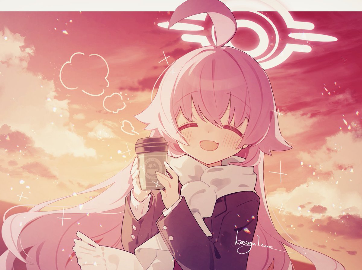 Safebooru - 1girl ^ ^ ahoge artist name black jacket blue archive blush closed eyes clouds ...