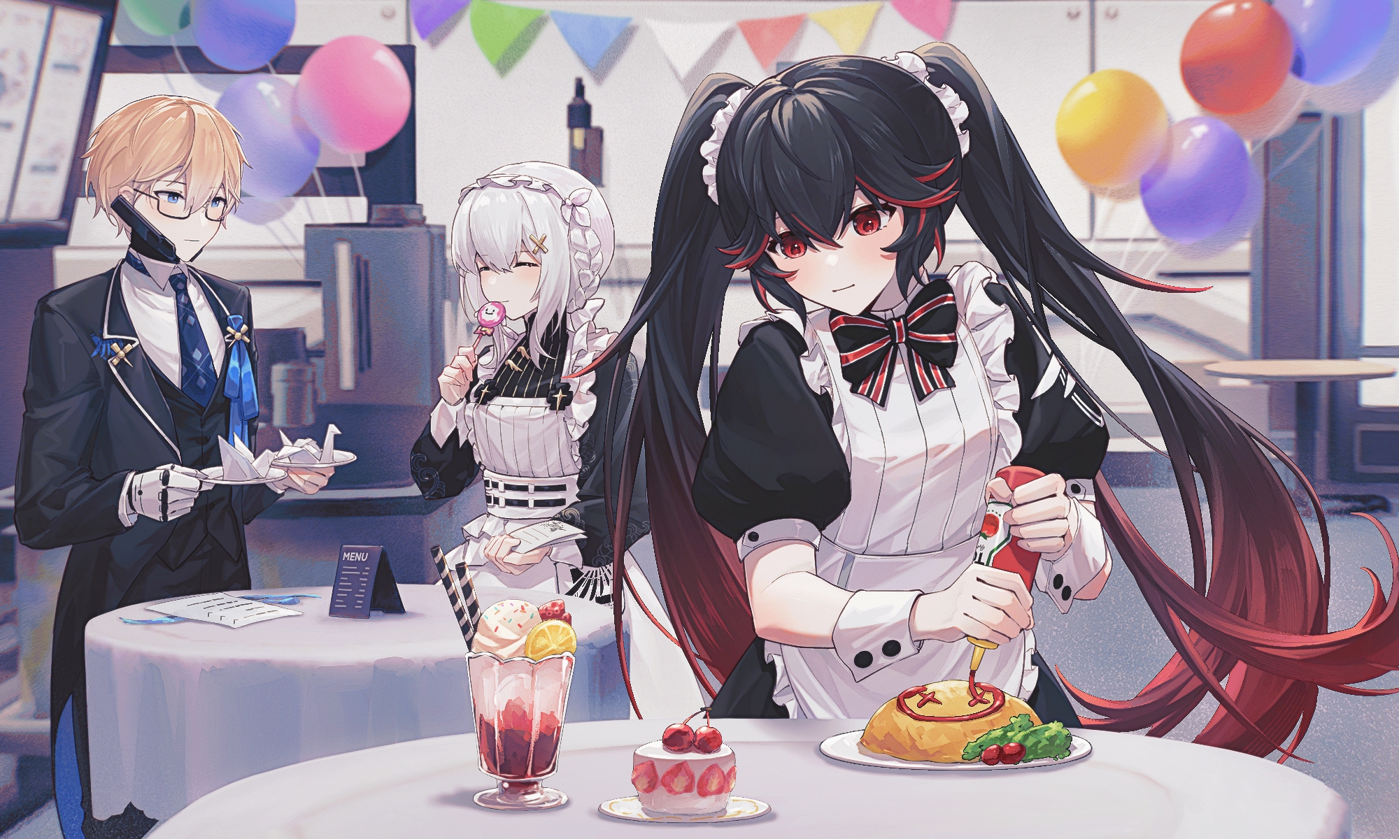 Safebooru - 1boy 2girls apron black dress black hair black pants blonde ...