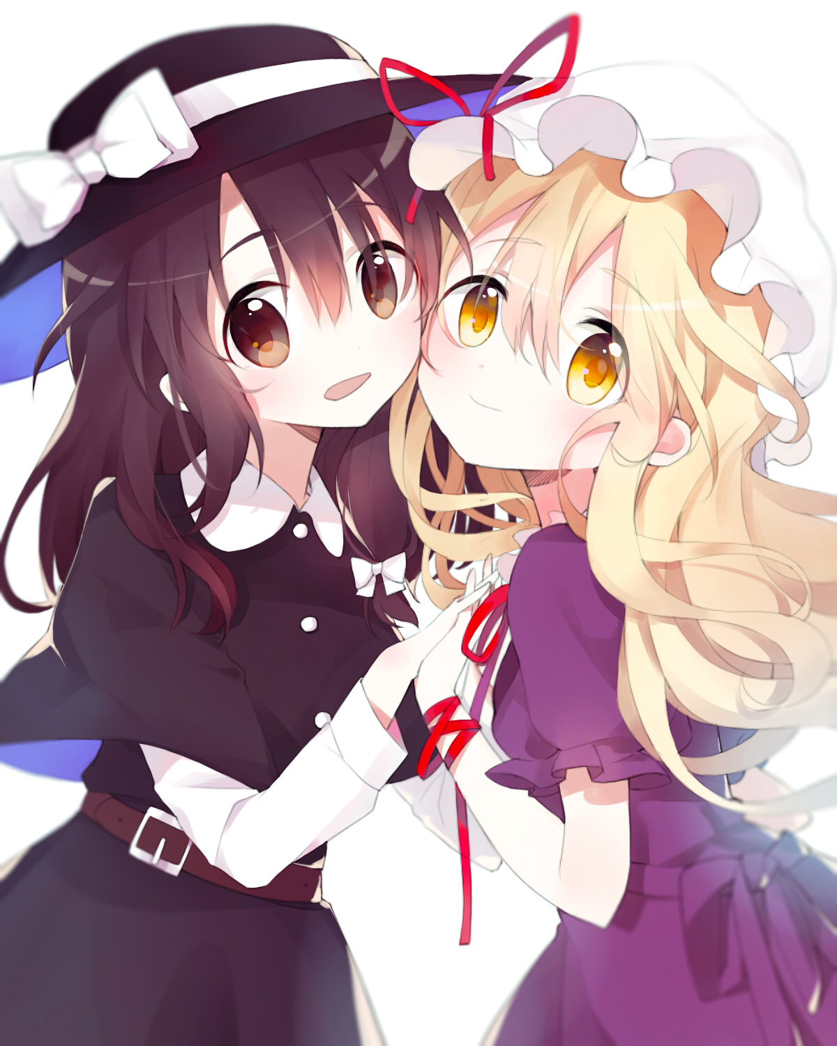 Safebooru - 2girls black capelet black headwear black skirt blonde hair bow brown eyes brown ...