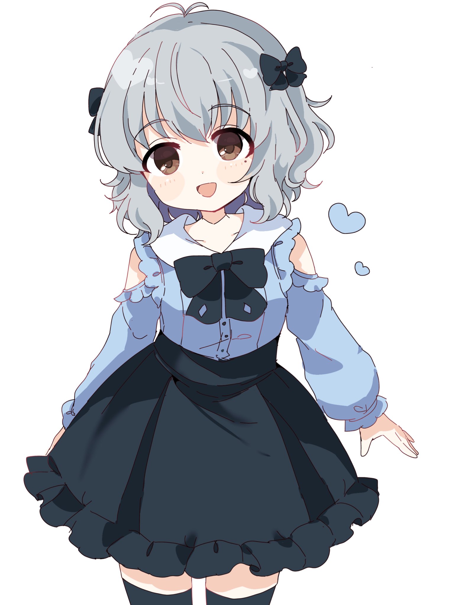 Safebooru - 1girl antenna hair black bow black bowtie black skirt black thighhighs blue shirt ...