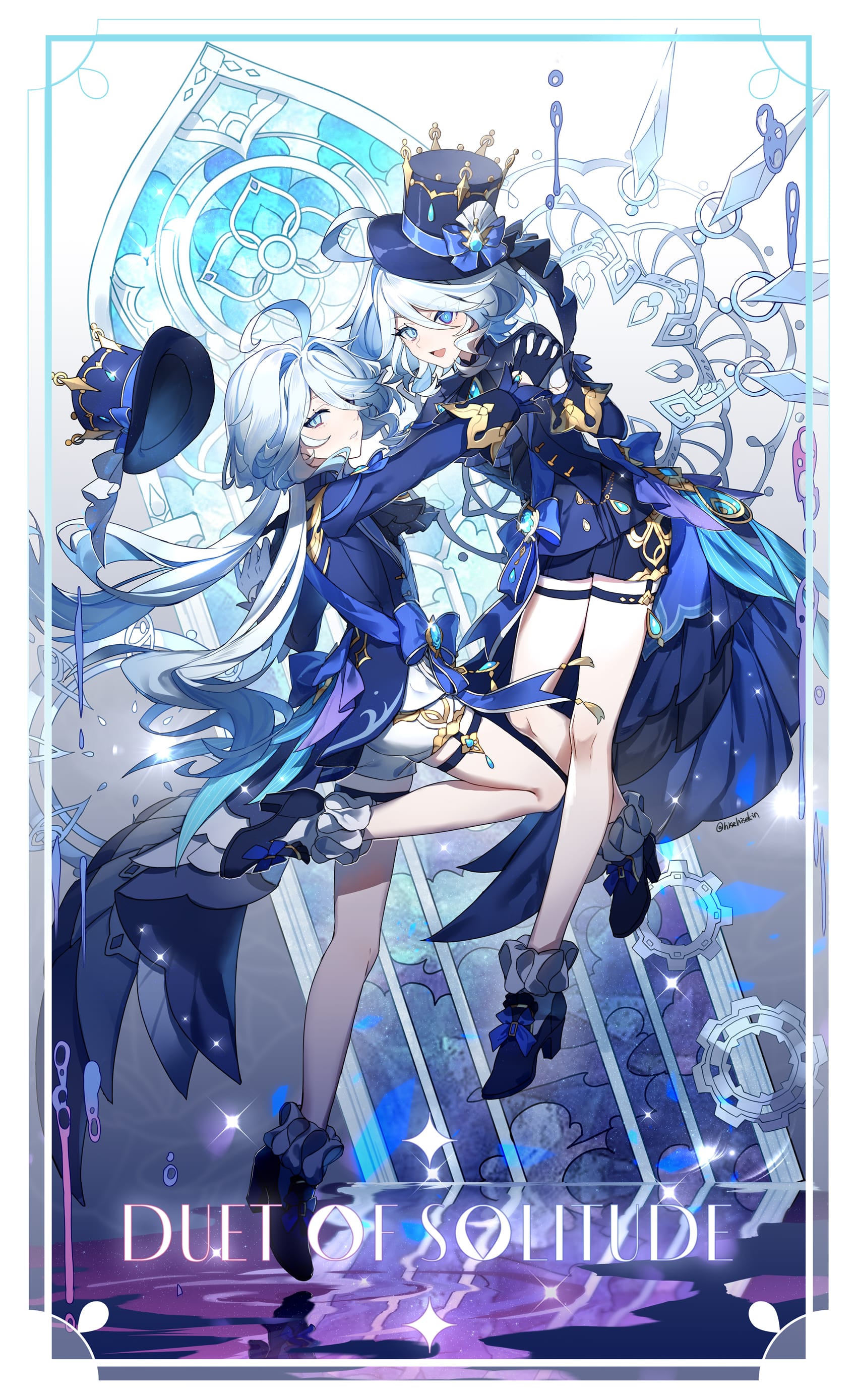 Safebooru - 2girls :d absurdres ahoge arm up artist name ascot asymmetrical gloves black ascot ...