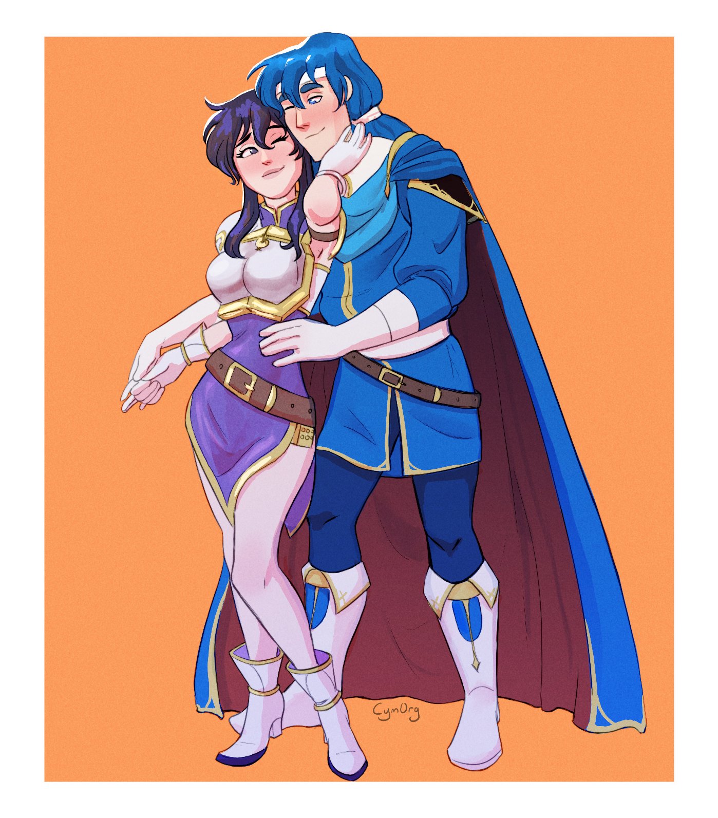 Safebooru - 1boy 1girl armor belt black hair blue hair blush boots breastplate cape cym0rg fire ...