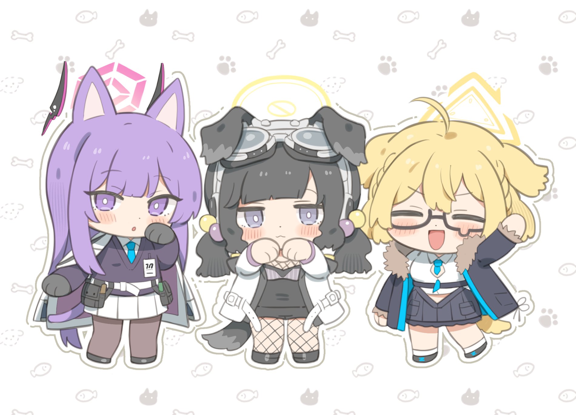 Safebooru - 3girls animal ears animal print arm up black gloves black hair black jacket black ...