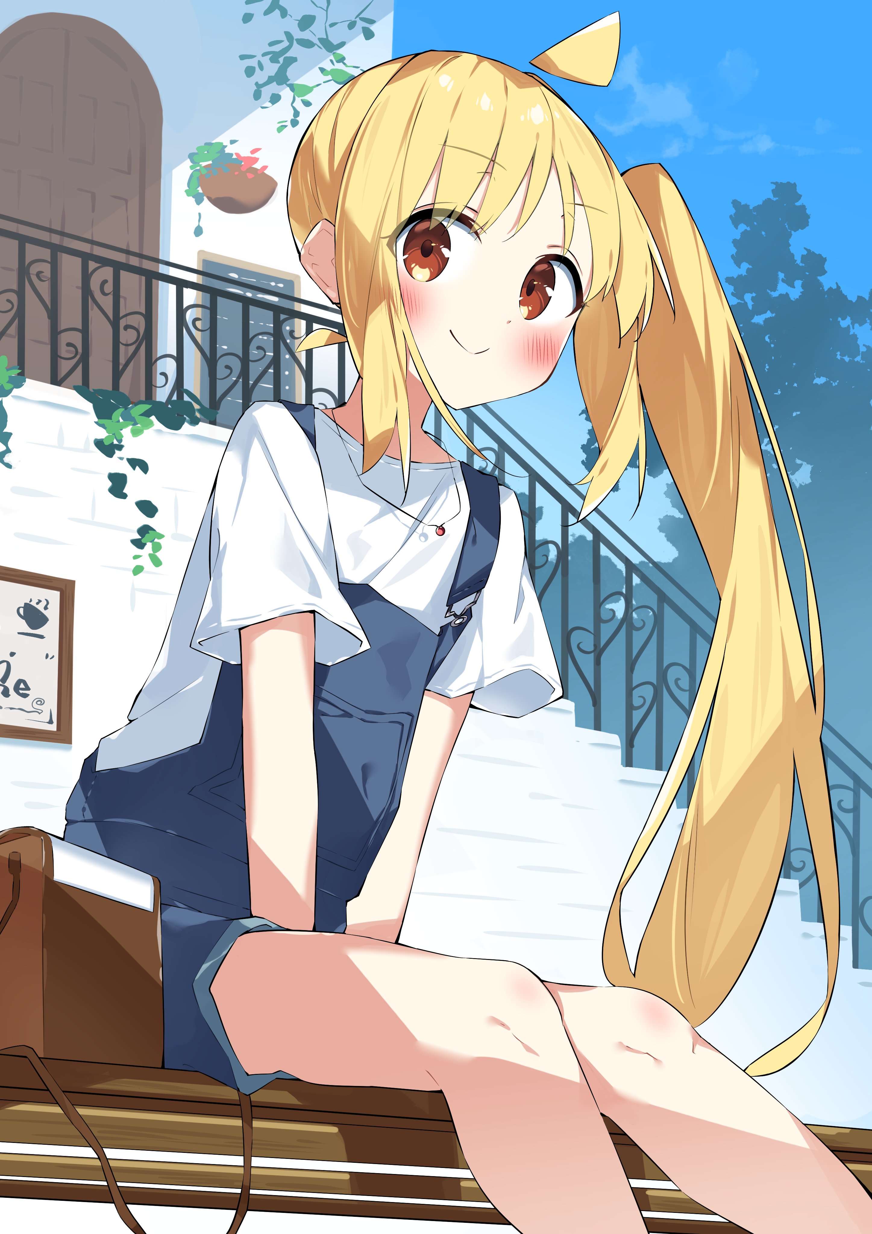 Safebooru - 1girl absurdres ahoge blonde hair blue overalls blush bocchi the rock! closed mouth ...