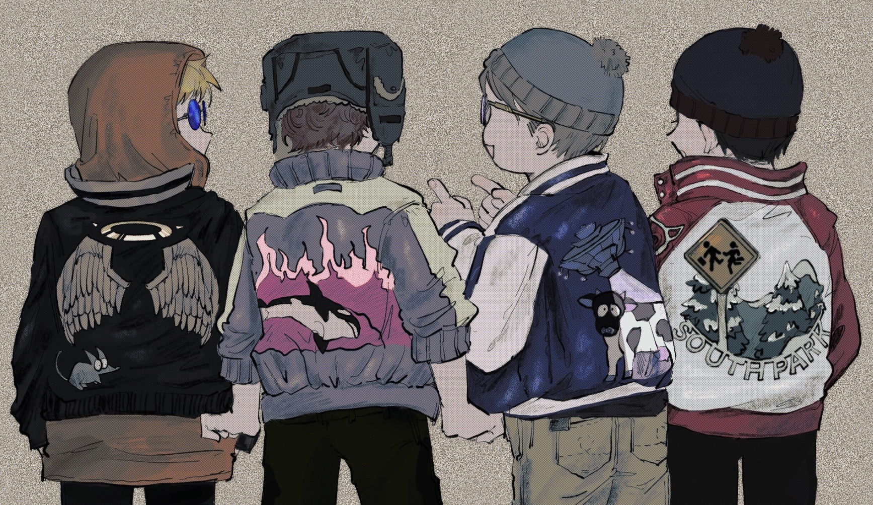 Safebooru - 4boys abduction alternate costume animal print beanie black hair black jacket black ...