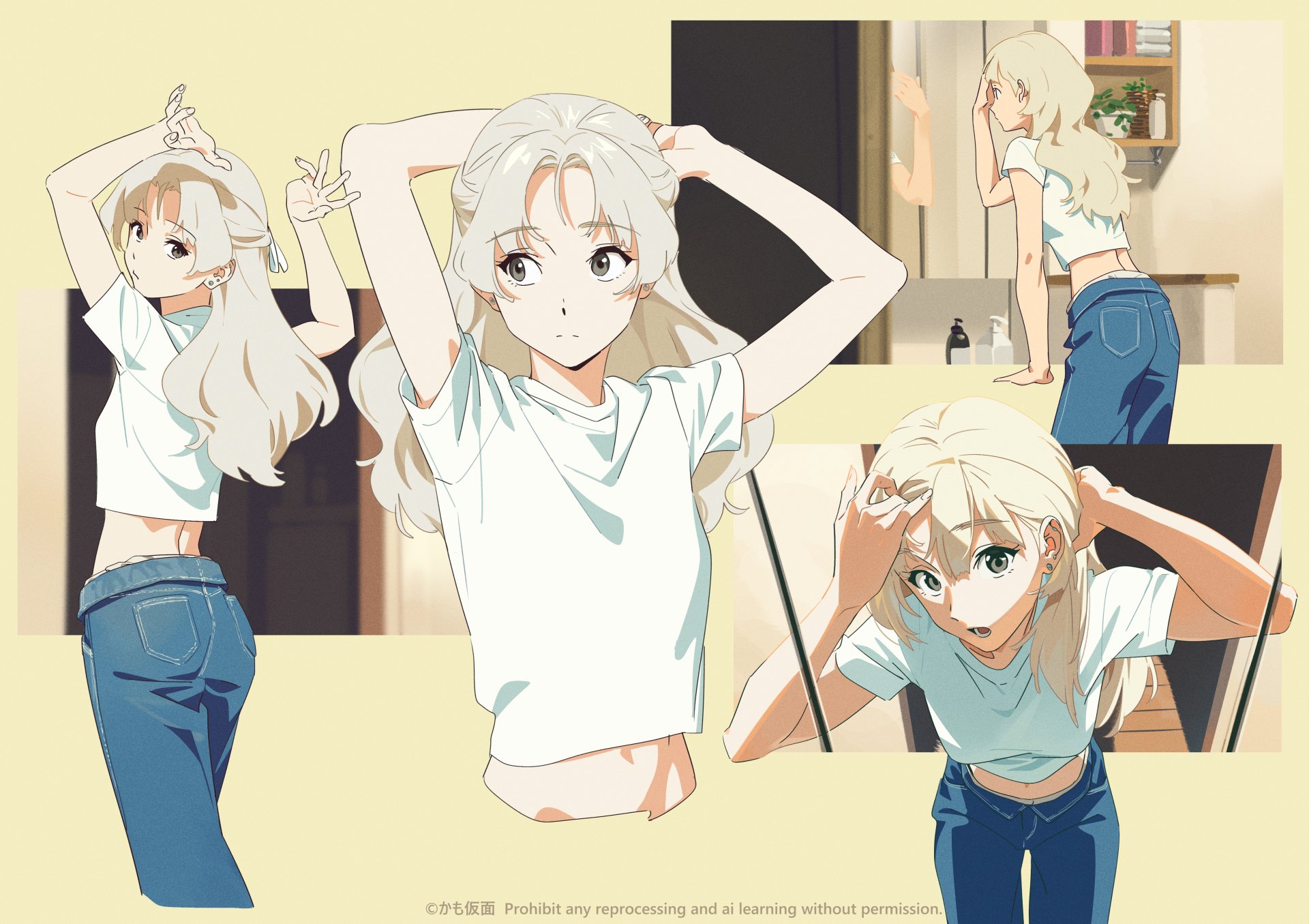 Safebooru - 1girl arms up ass bathroom blonde hair brown eyes closed mouth denim earrings ...