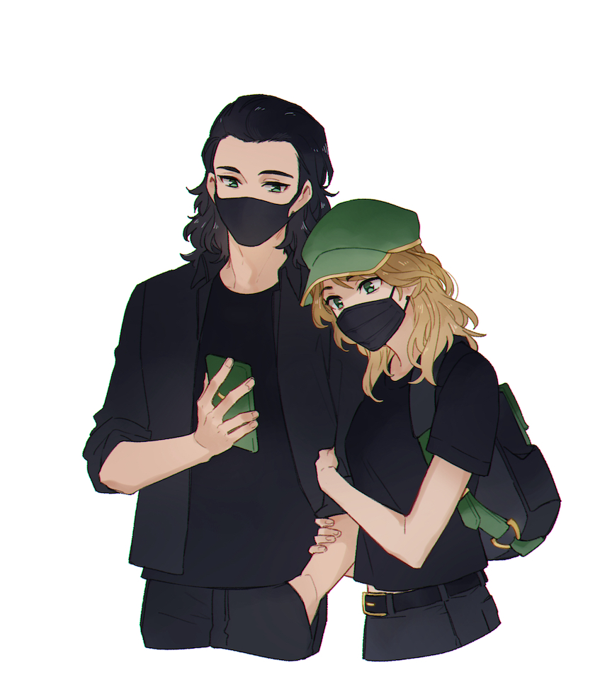 Safebooru - 1boy 1girl bag baseball cap belt black bag black belt black hair black mask black ...