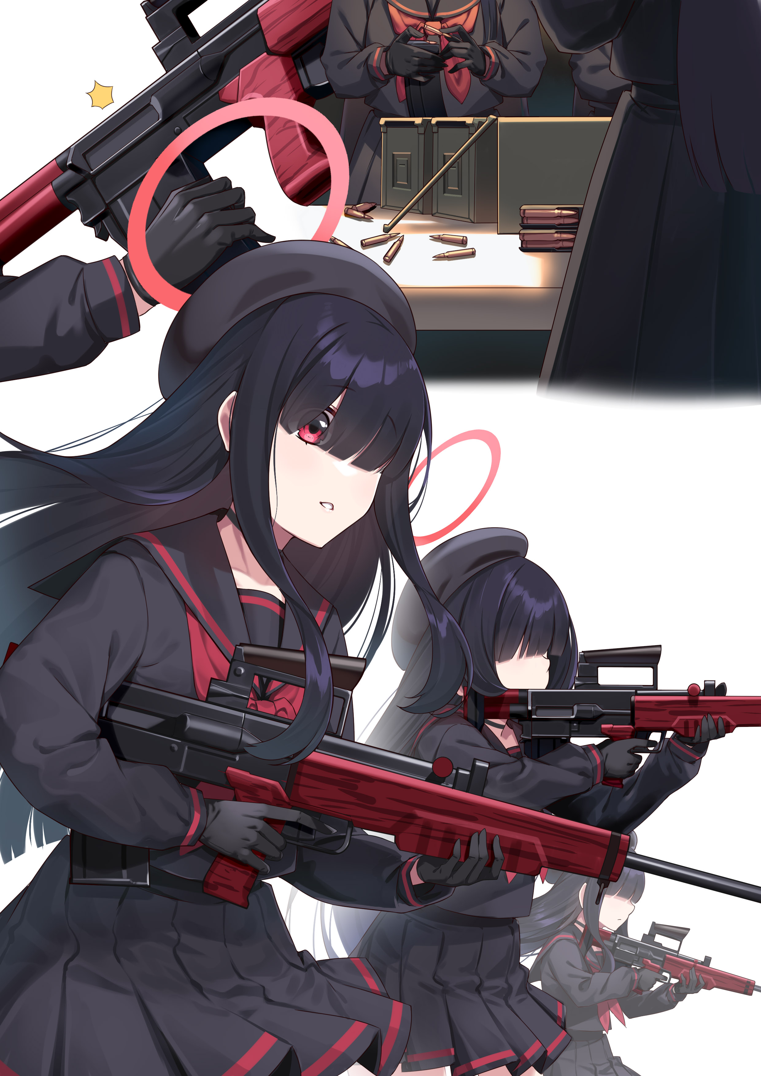 Safebooru - 3girls absurdres beret black gloves black hair black headwear black sailor collar ...