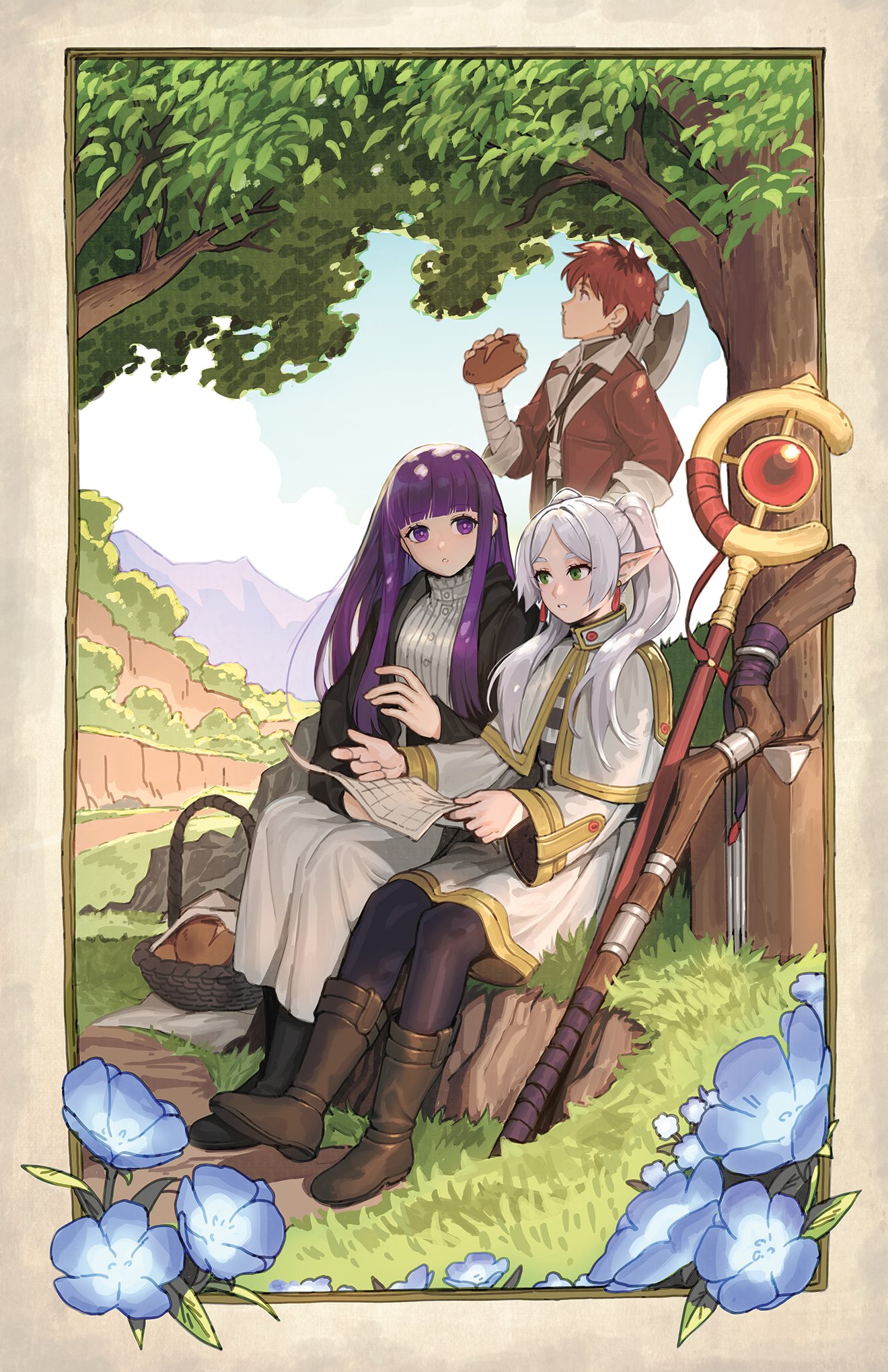 Safebooru - 1boy 2girls axe bandaged arm bandages basket battle axe black coat black footwear ...