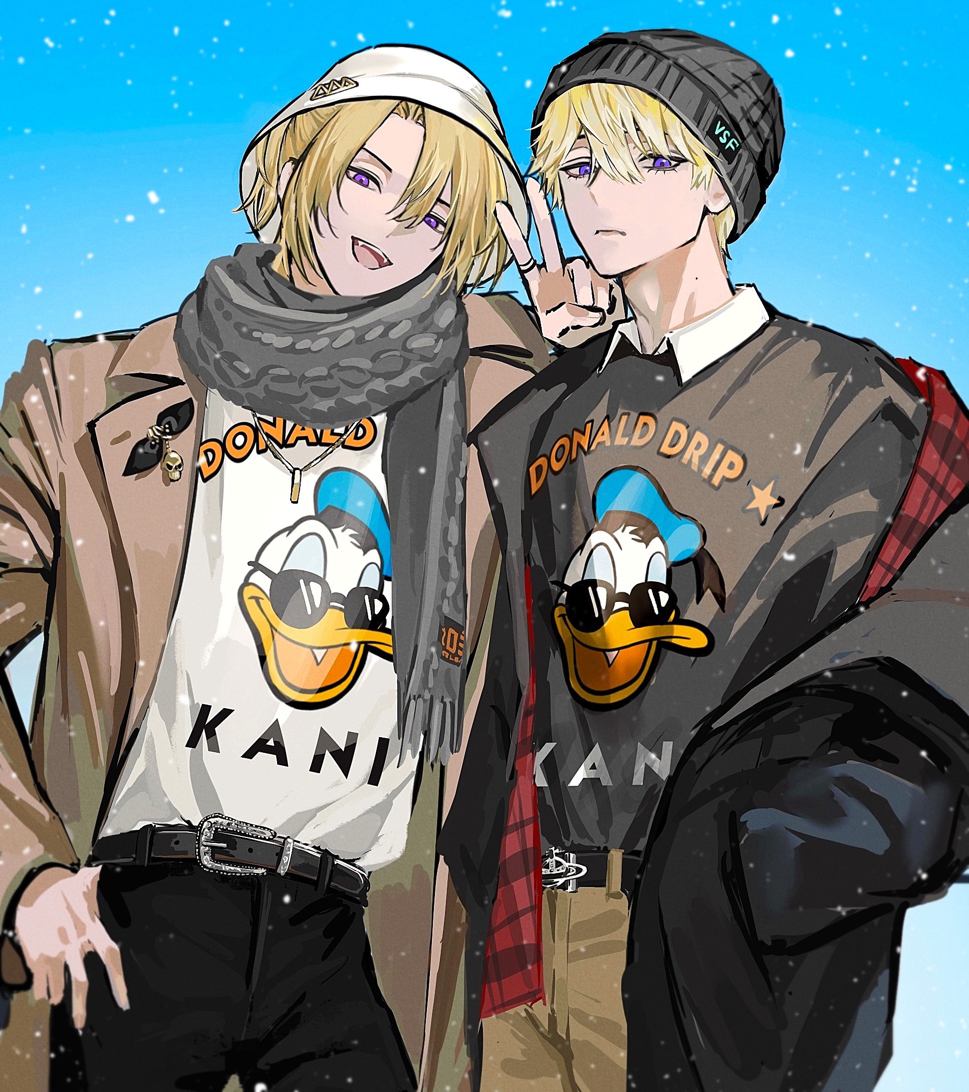 Safebooru - 2boys beanie belt belt buckle black belt black coat black pants blonde hair blue sky ...