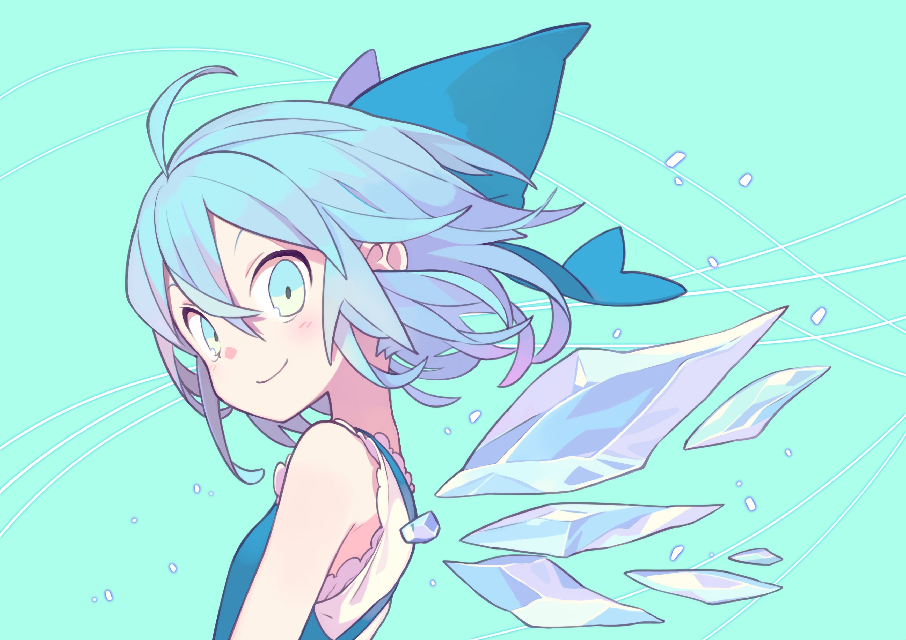 Safebooru - 1girl absurdres adapted costume ahoge aqua background blue bow blue dress blue eyes ...