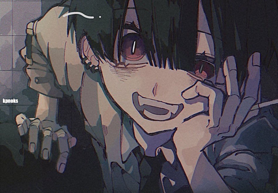 Safebooru - 1boy artist name bishounen black hair black necktie cigarette ear piercing fang ...