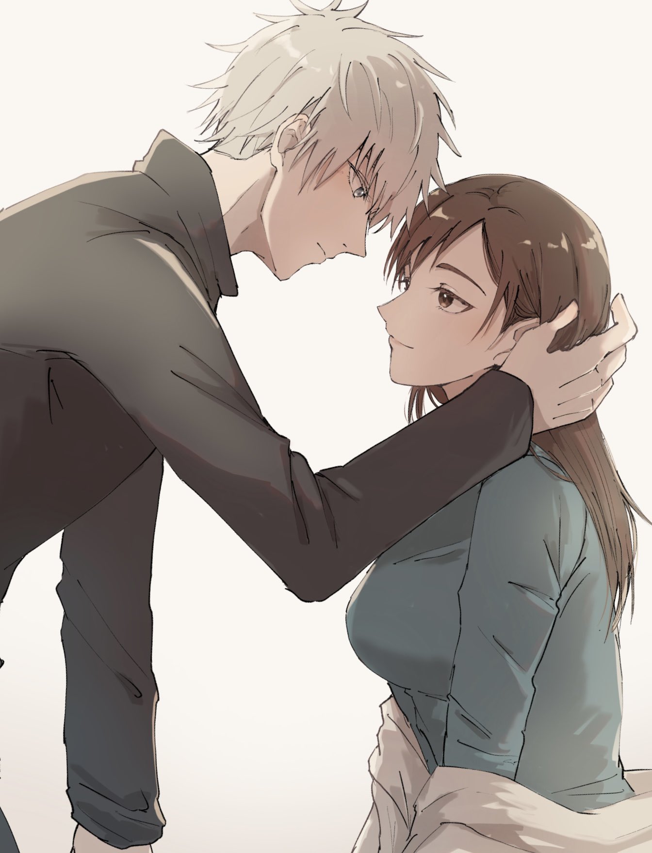 Safebooru - 1boy 1girl black jacket blue eyes blue shirt brown eyes brown hair closed mouth coat ...