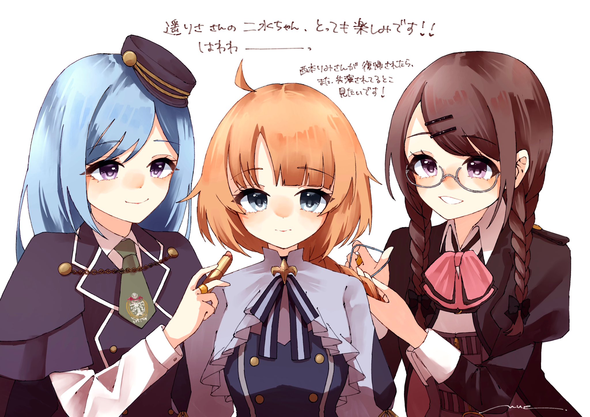 Safebooru - 3girls ahoge amahara nue arms at sides artist name assault lily black cape black ...