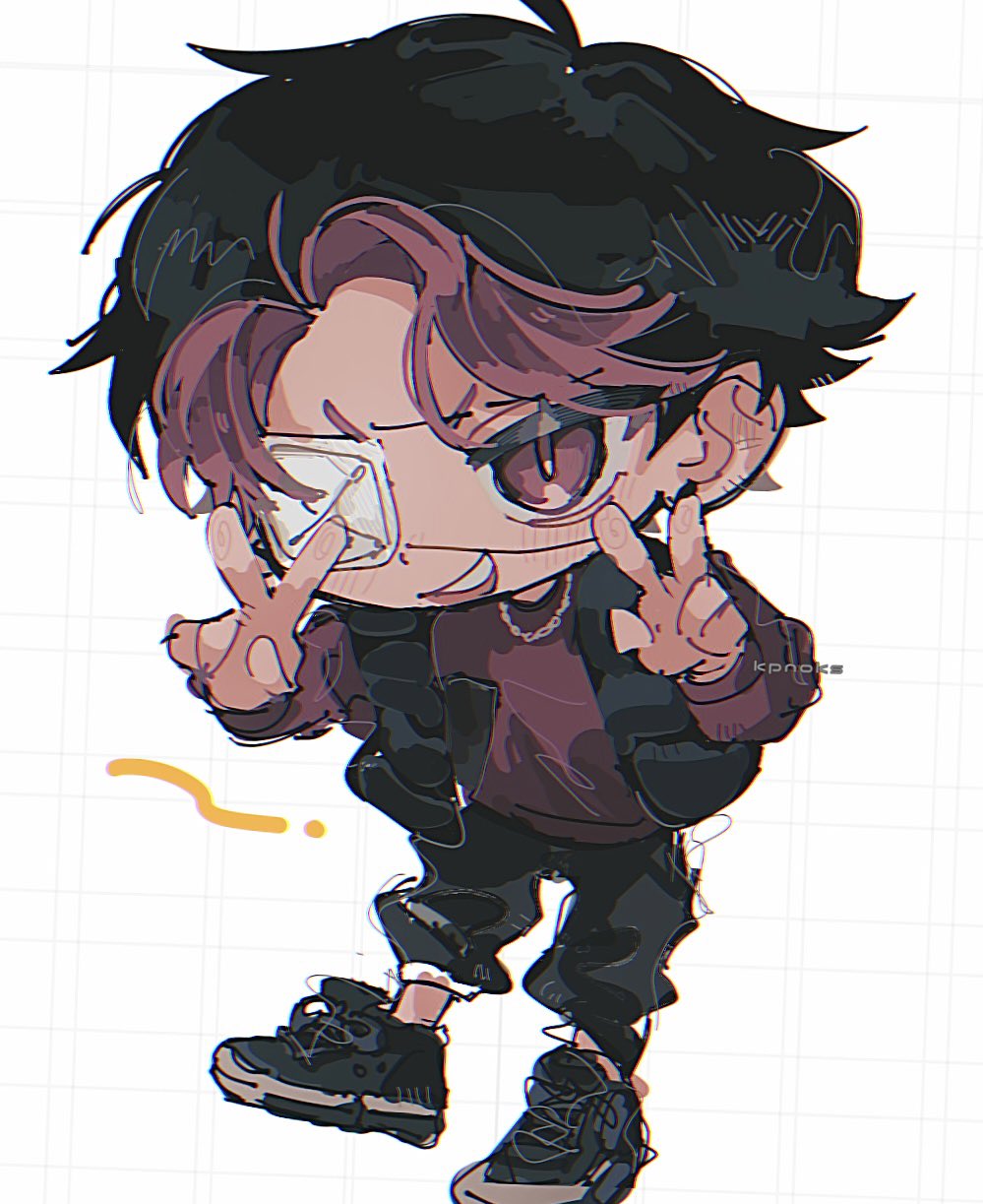 Safebooru - 1boy bishounen black hair chibi double v ear piercing ...