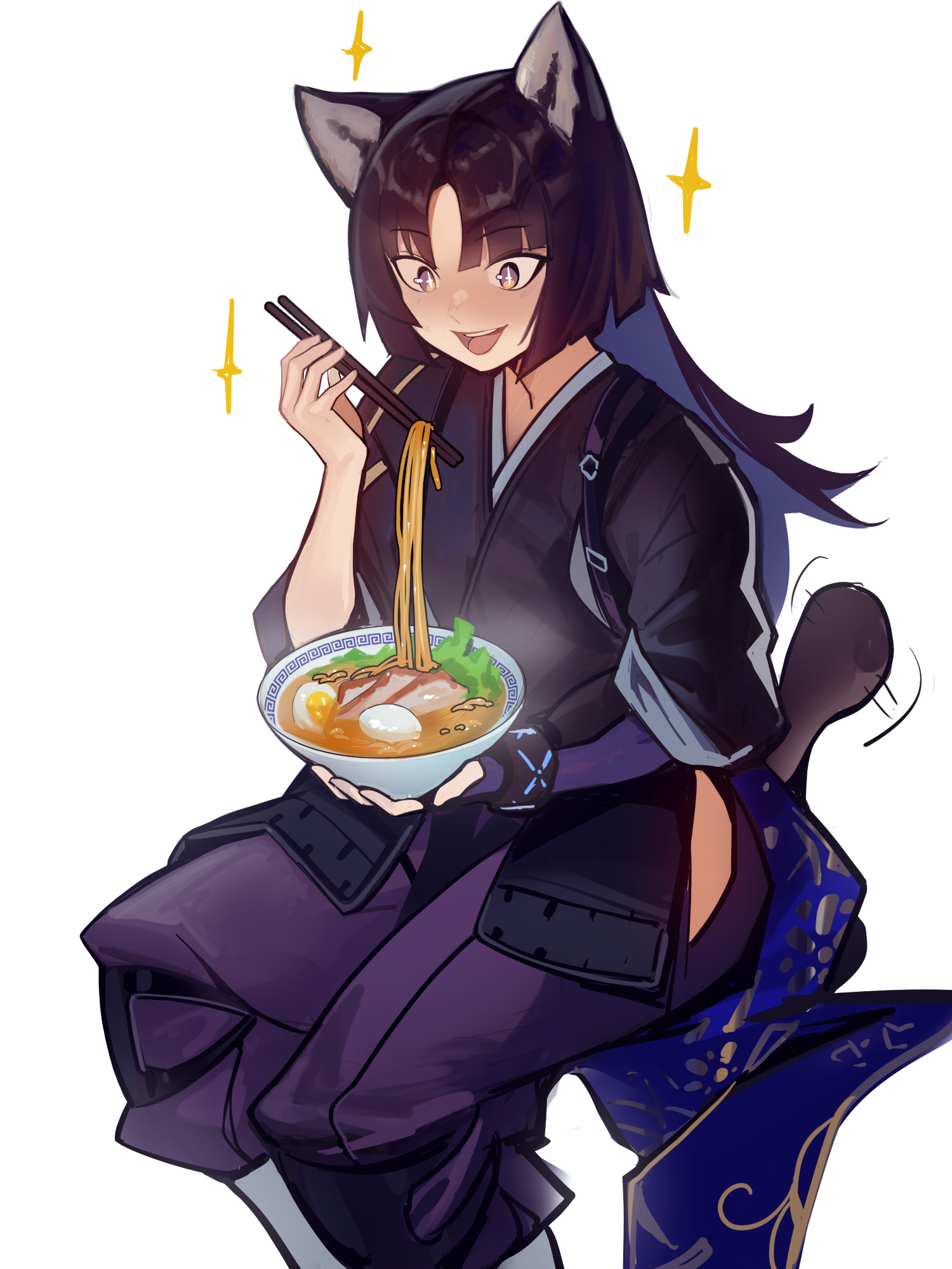 Safebooru - 1girl :d animal ears arknights black hair bowl chopsticks distr dog ears dog girl ...