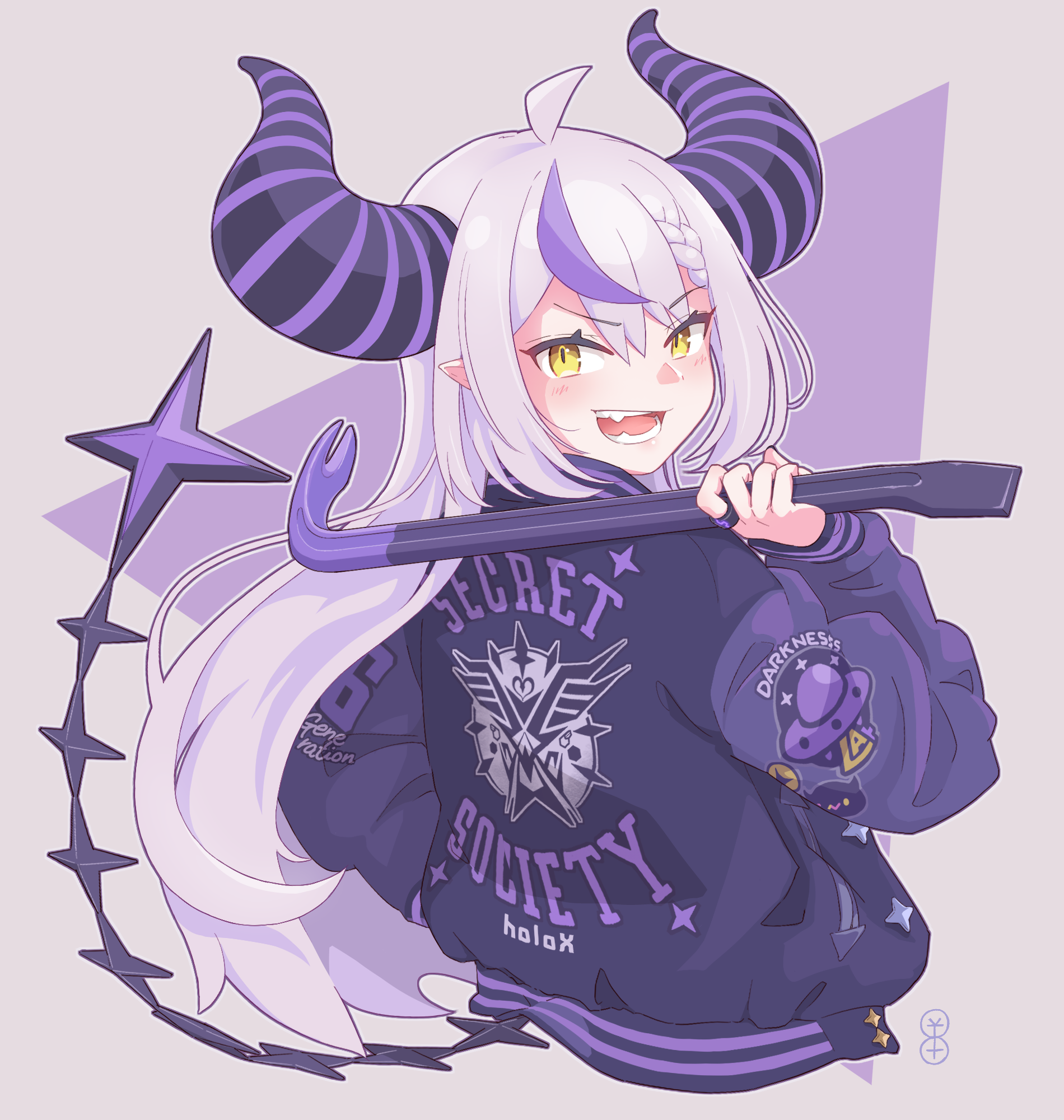 Safebooru - 1girl ahoge alternate costume black horns braid braided bangs crowbar fangs grey ...