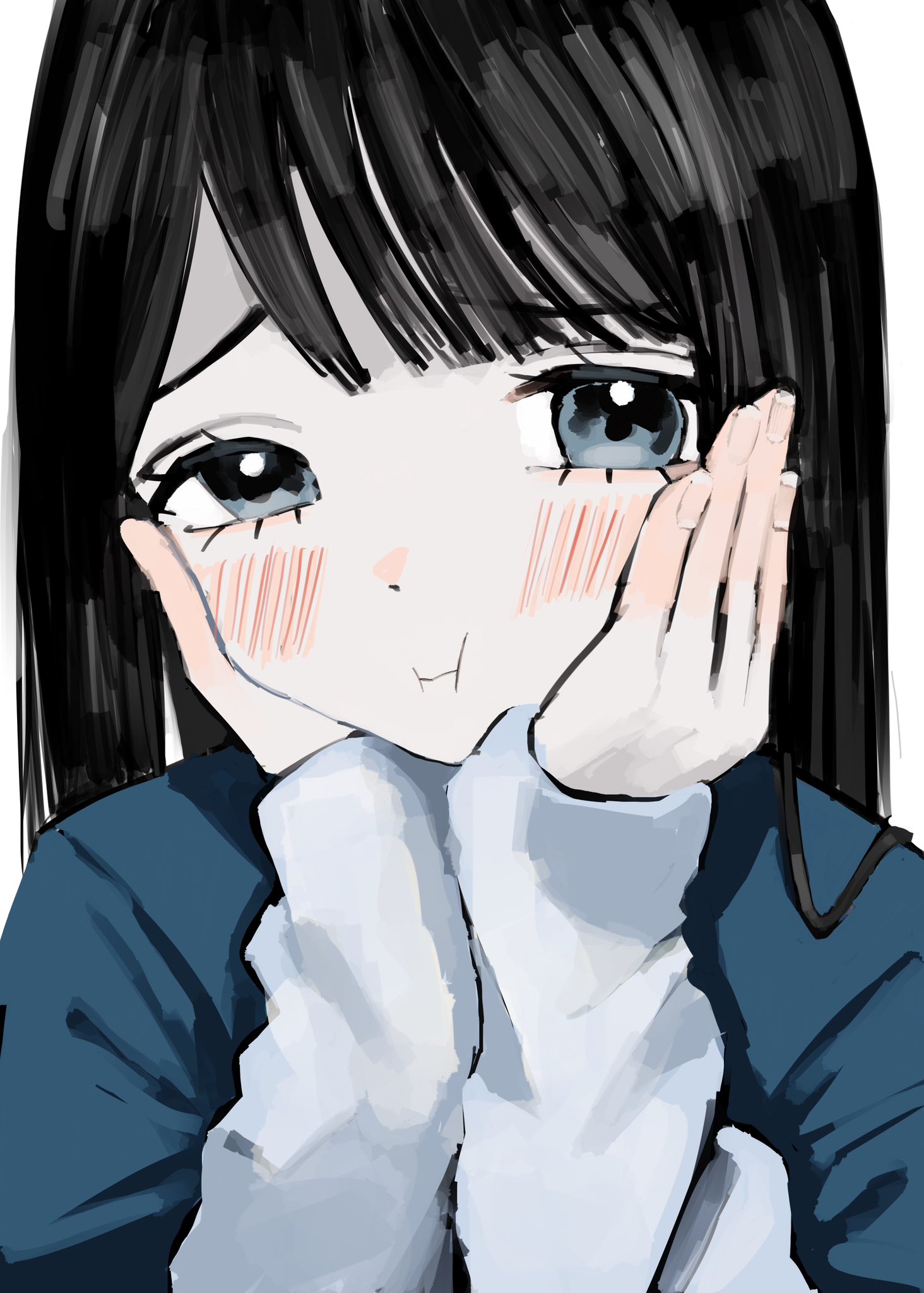 Safebooru - 1girl :i asymmetrical bangs black hair blue shirt blunt bangs blush closed mouth ...