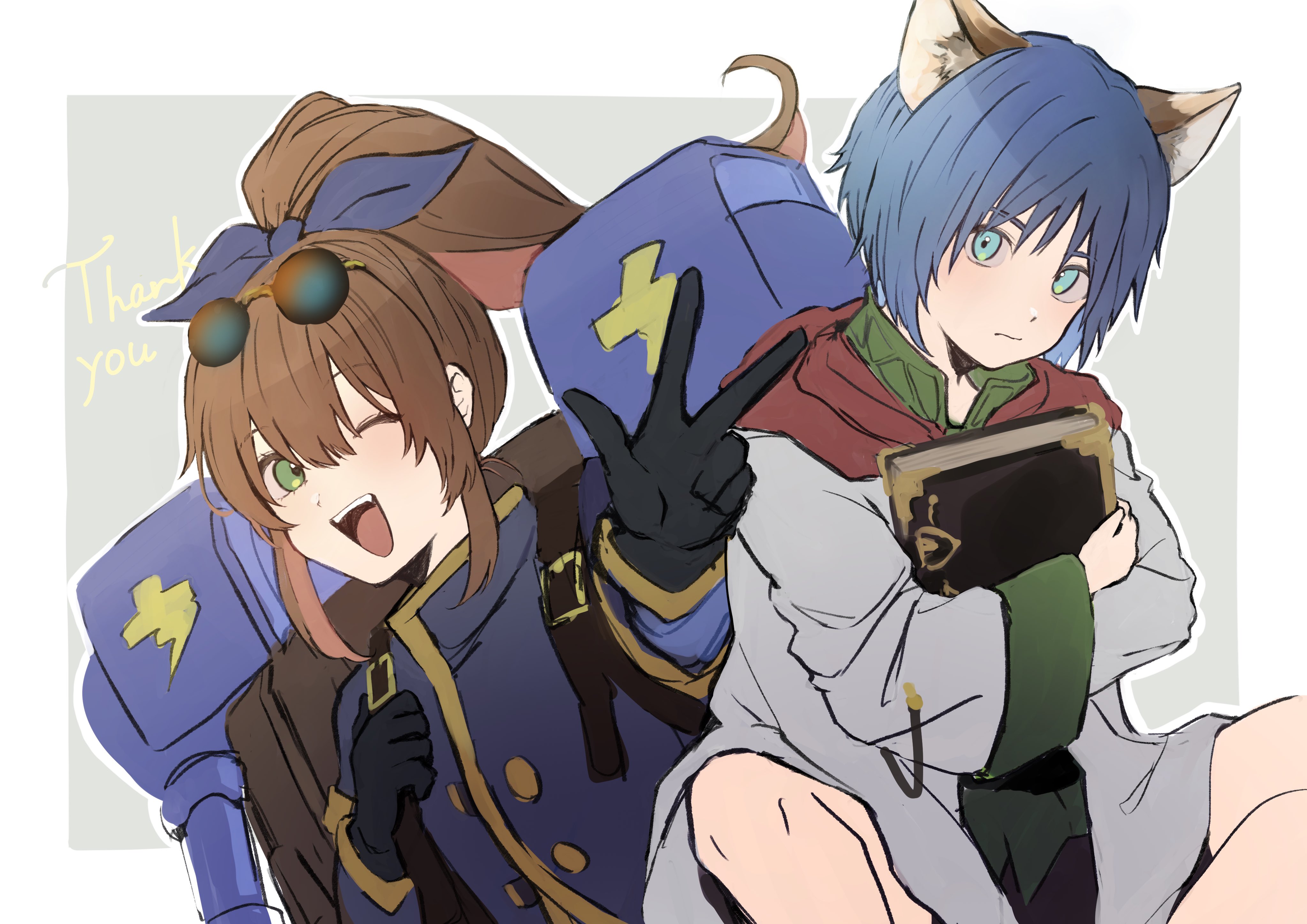 Safebooru - 1boy 1girl absurdres animal ears backpack bag blue eyes blue hair book brown hair ...