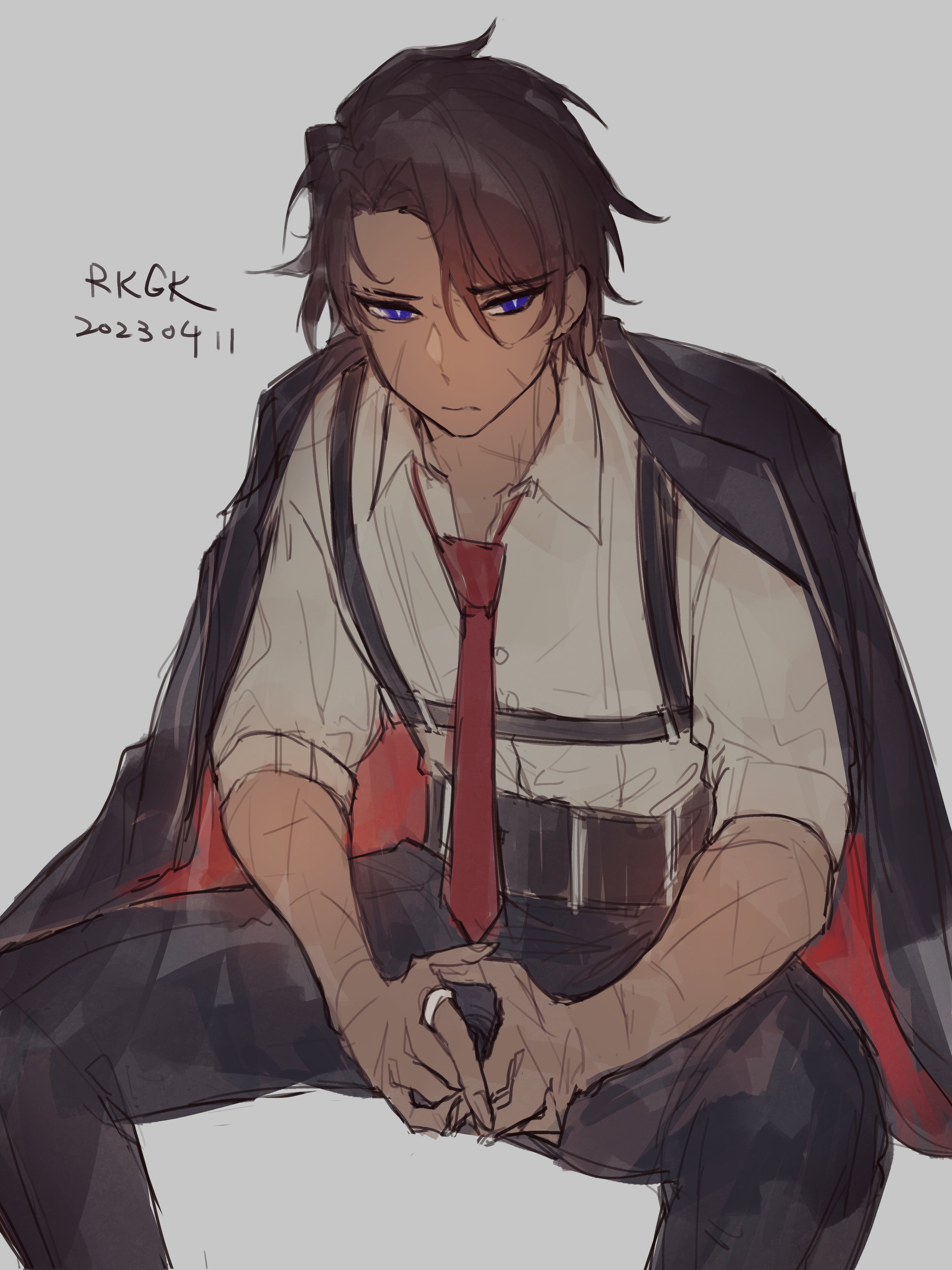 Safebooru - 1boy absurdres belt black belt black jacket black pants bright pupils brown hair ...