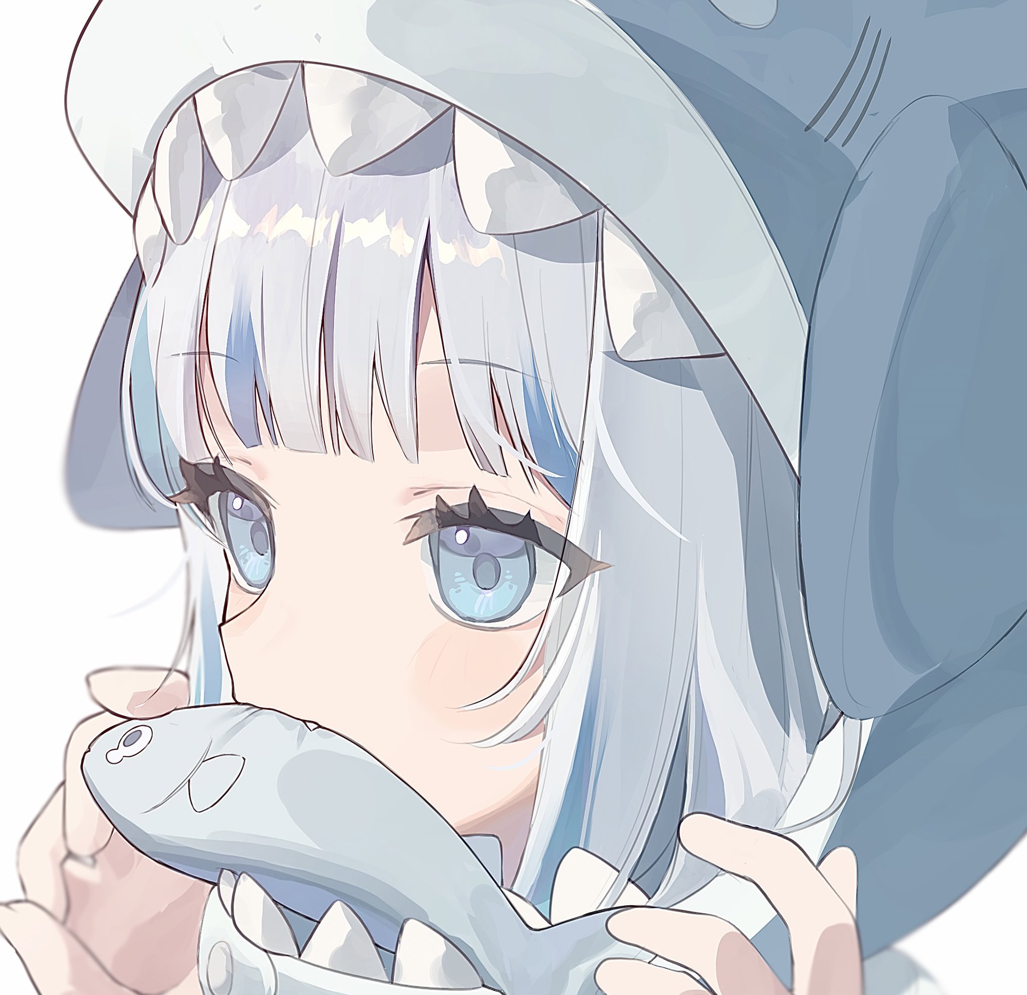 Safebooru - 1girl animal animal hood blue eyes blue hair blue hoodie blunt bangs fang fish gawr ...