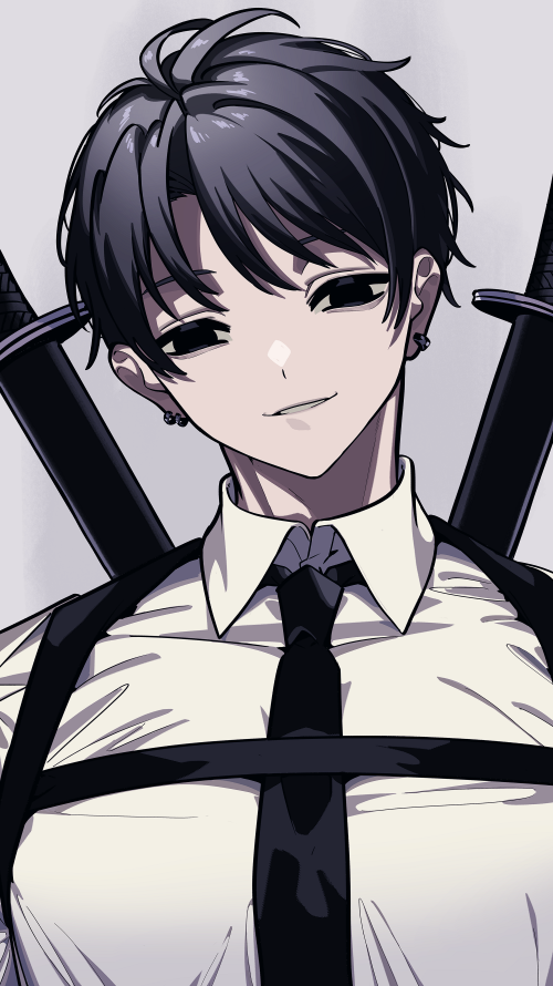 Safebooru - 1boy angellyuna black eyes black hair black necktie chainsaw man chest harness ...