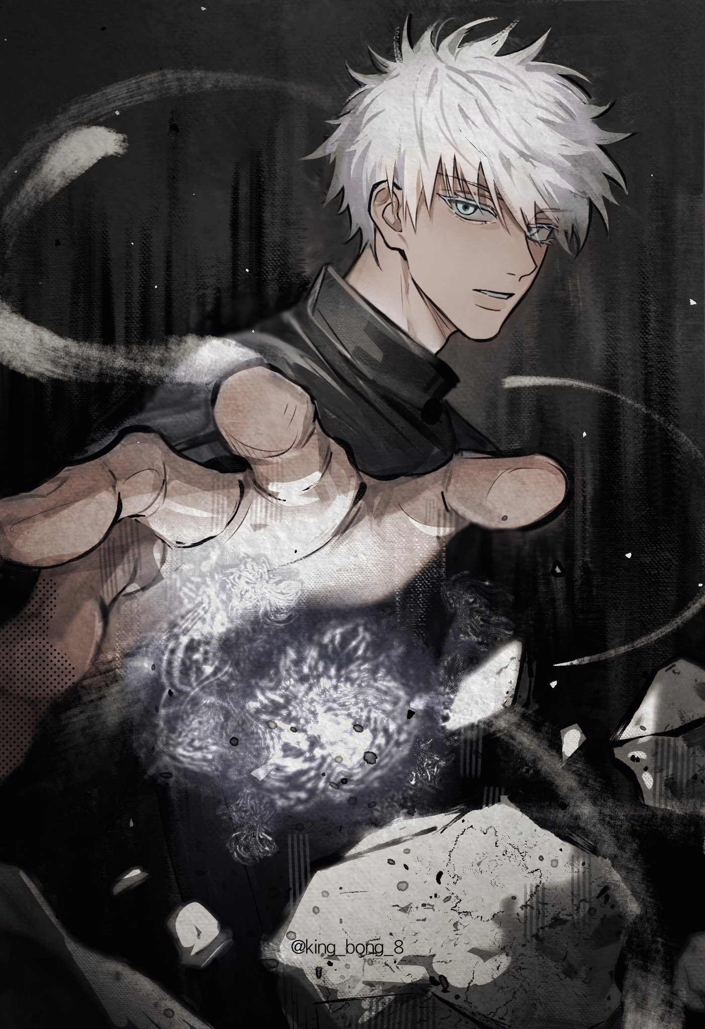 Safebooru - 1boy black background black jacket blue eyes debris gojou ...