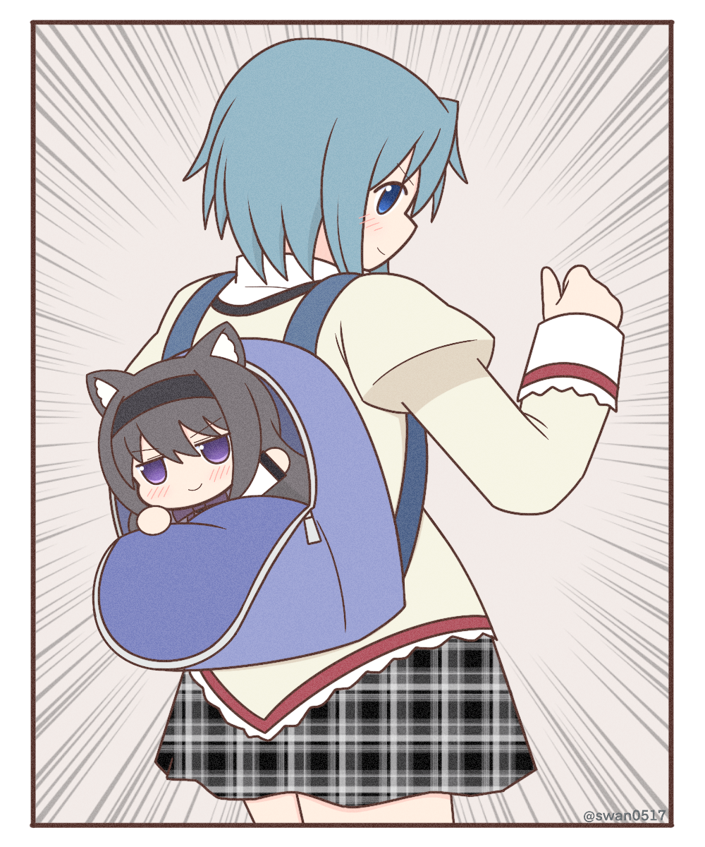 Safebooru - 2girls akemi homura animal ears backpack bag black hair black hairband black skirt ...