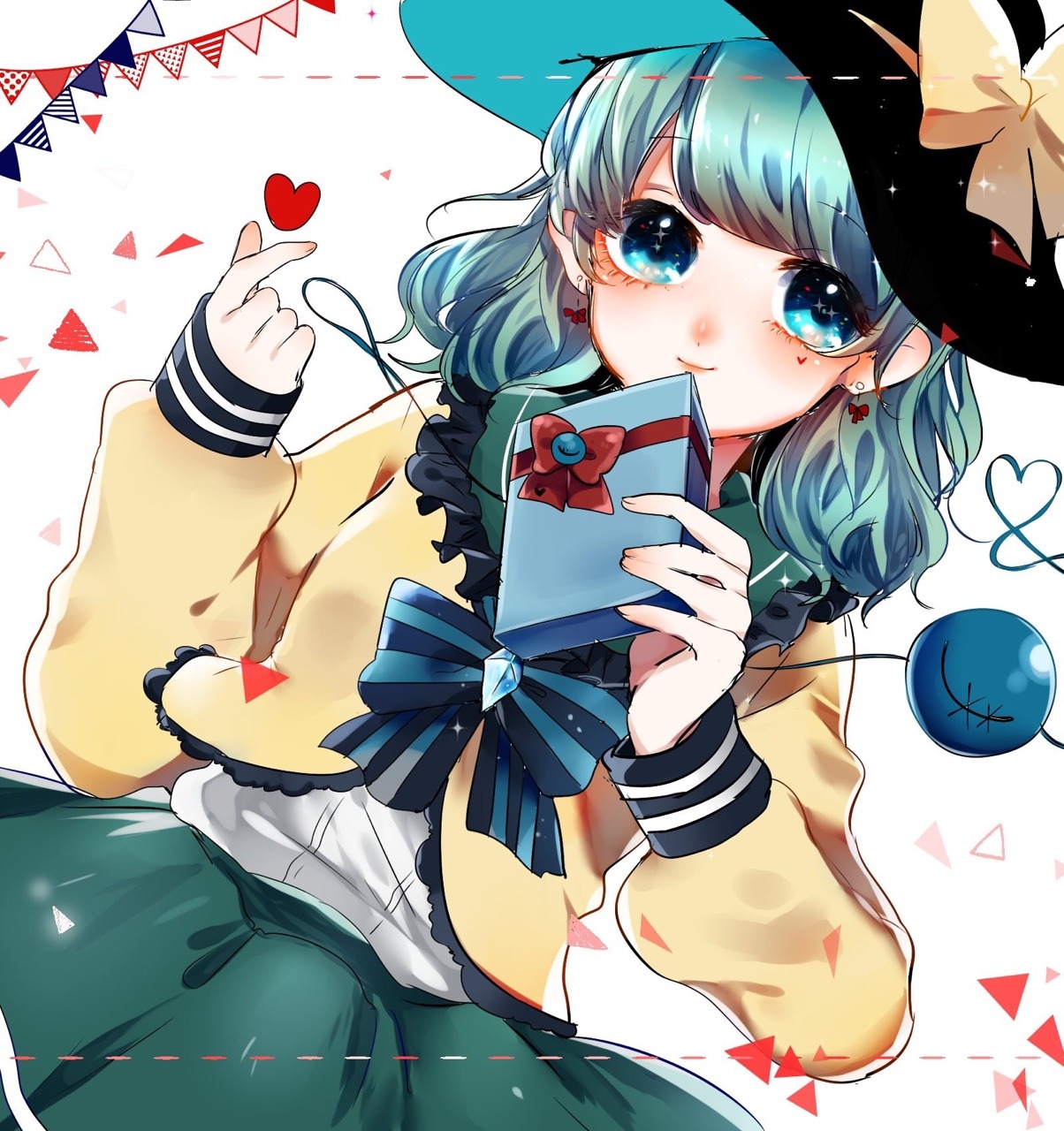 Safebooru - 1girl aqua hair aqua headwear black headwear blue bow blue bowtie blue eyes blunt ...