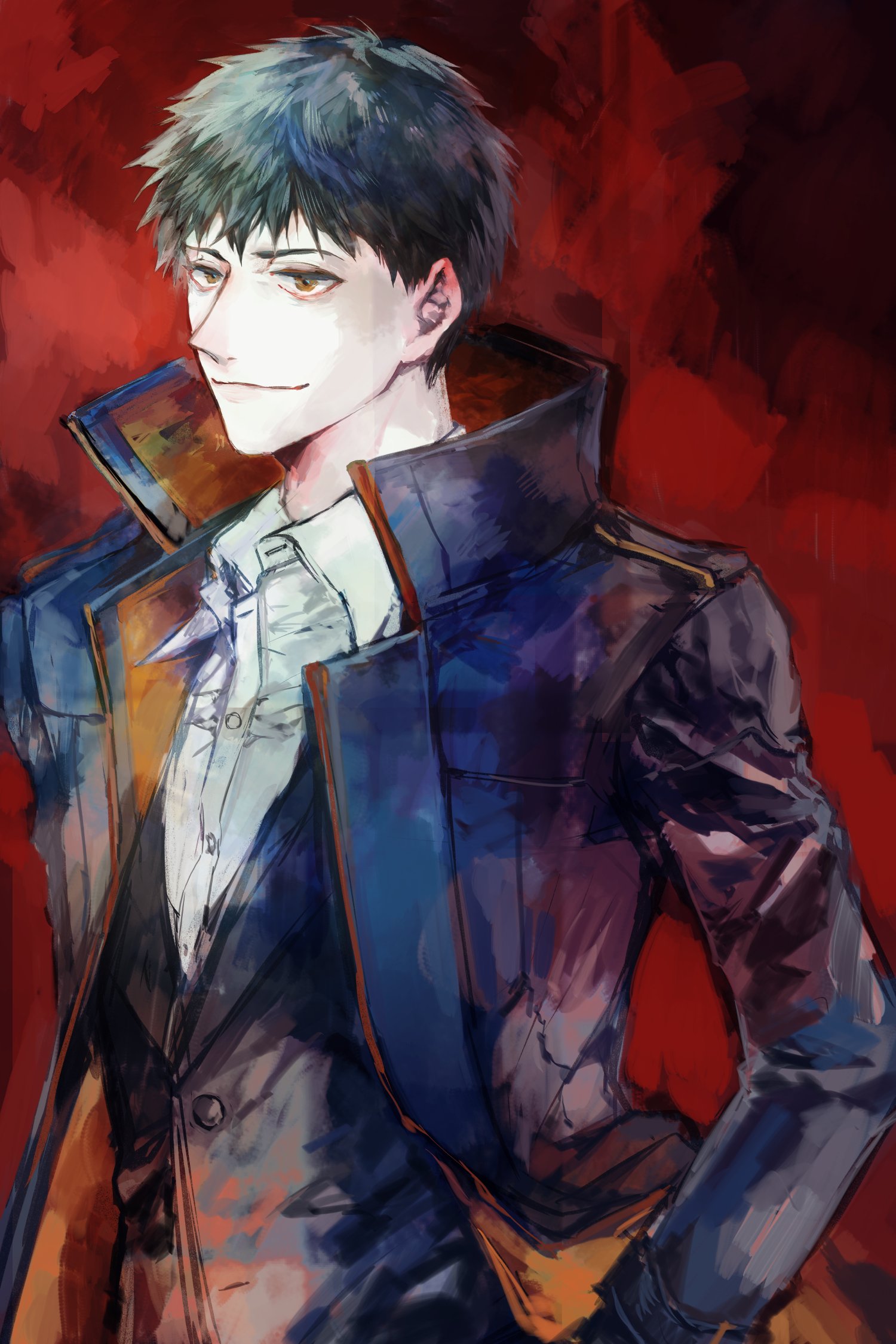 Safebooru - 1boy bags under eyes black coat black vest brown eyes buttons coat collared shirt ...