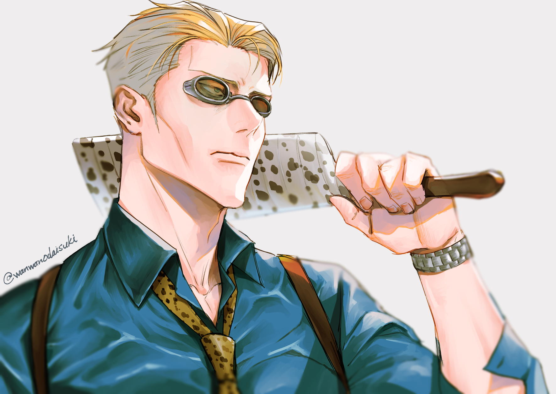 Safebooru - 1boy animal print blonde hair blue shirt collared shirt expressionless highres ...