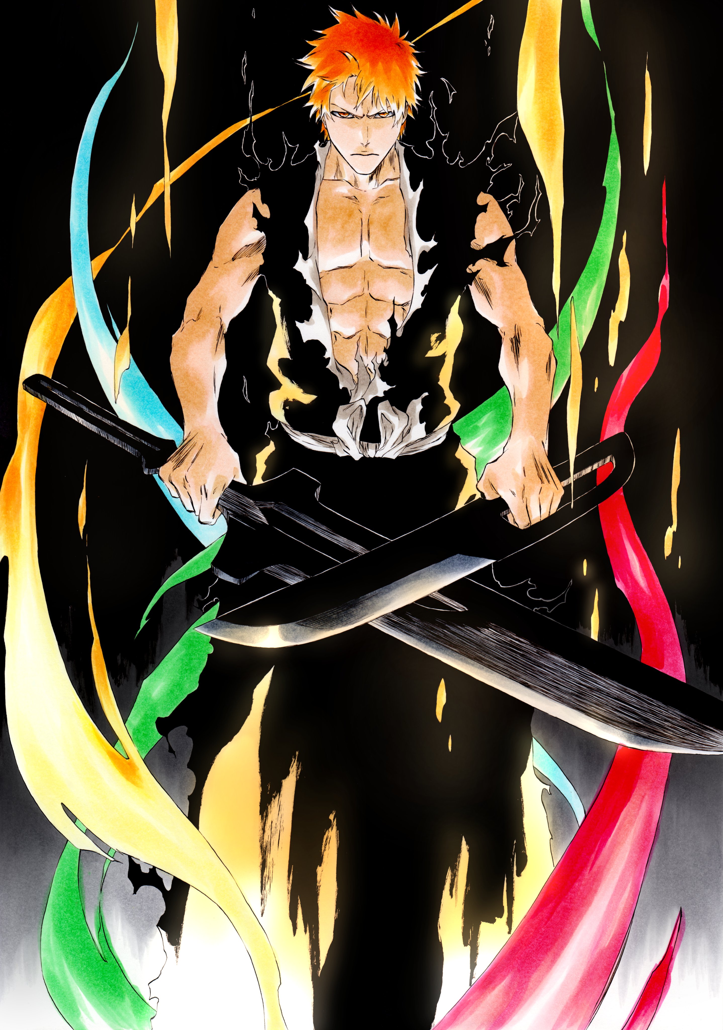 Safebooru - 1boy abs absurdres aura black background black hakama ...