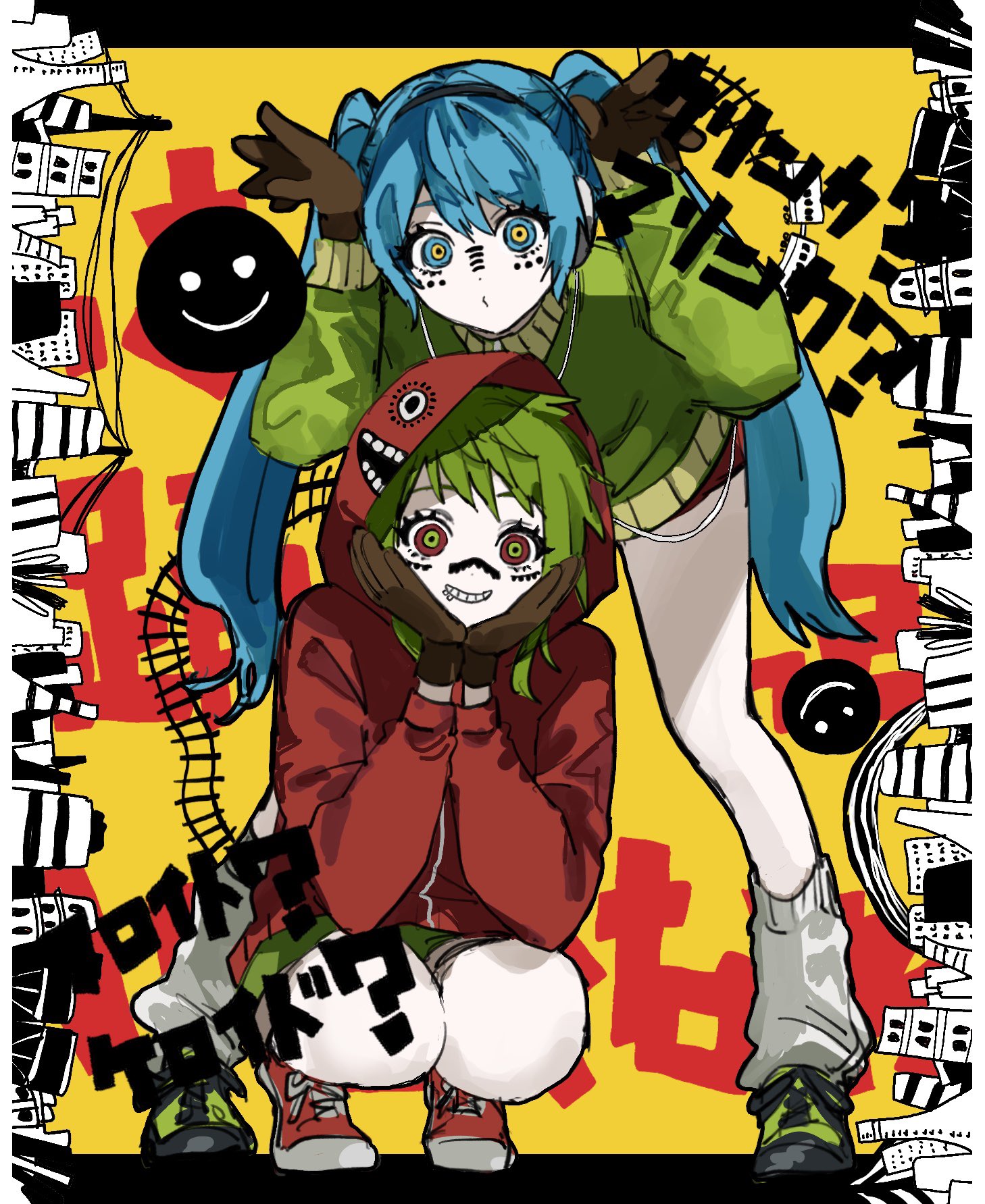Safebooru - 2girls blue hair brown gloves gloves green hair green ...