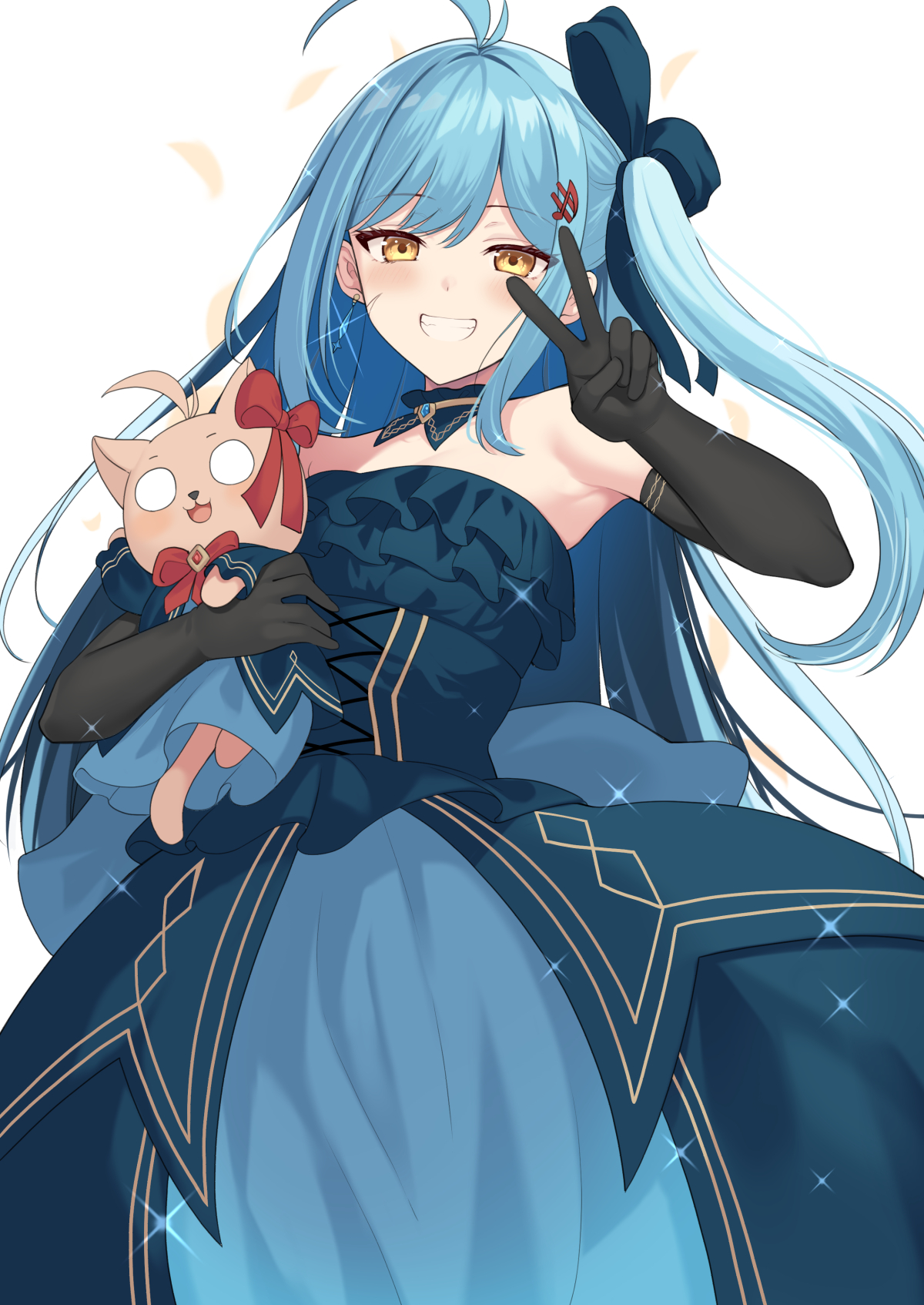 Safebooru - 1girl aged up animal bare shoulders black gloves blue bow blue dress blue hair bow ...