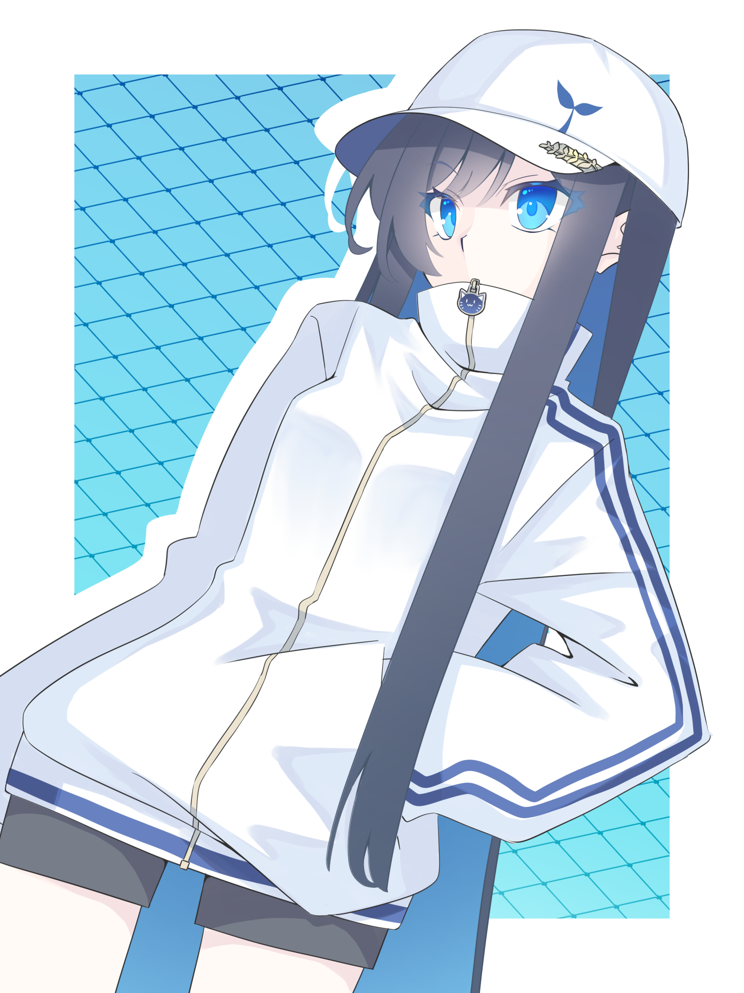 Safebooru - 1girl alternate costume baseball cap black hair black shorts blue background blue ...