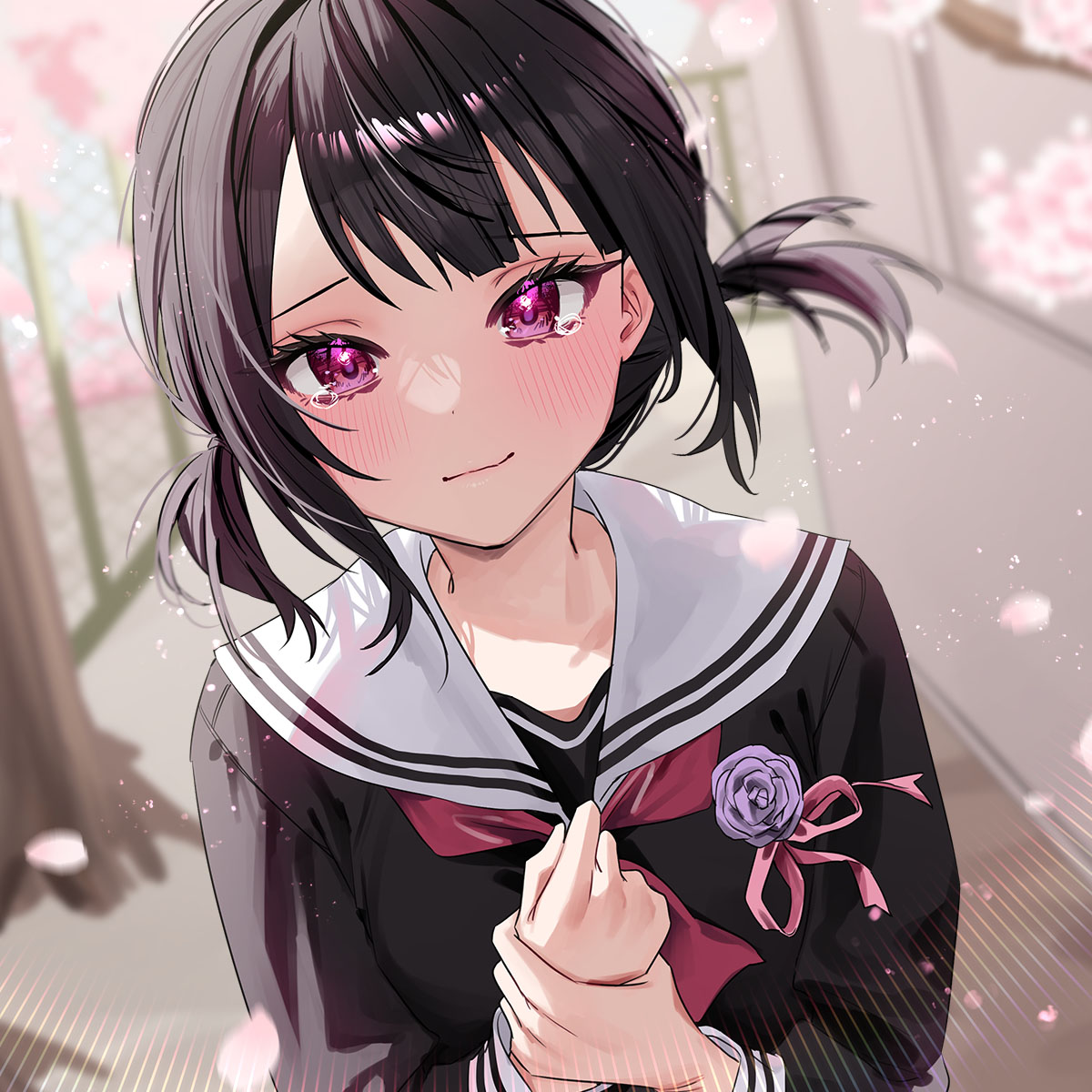 Safebooru - 1girl black hair black shirt blurry blurry background blush cherry blossoms chigusa ...