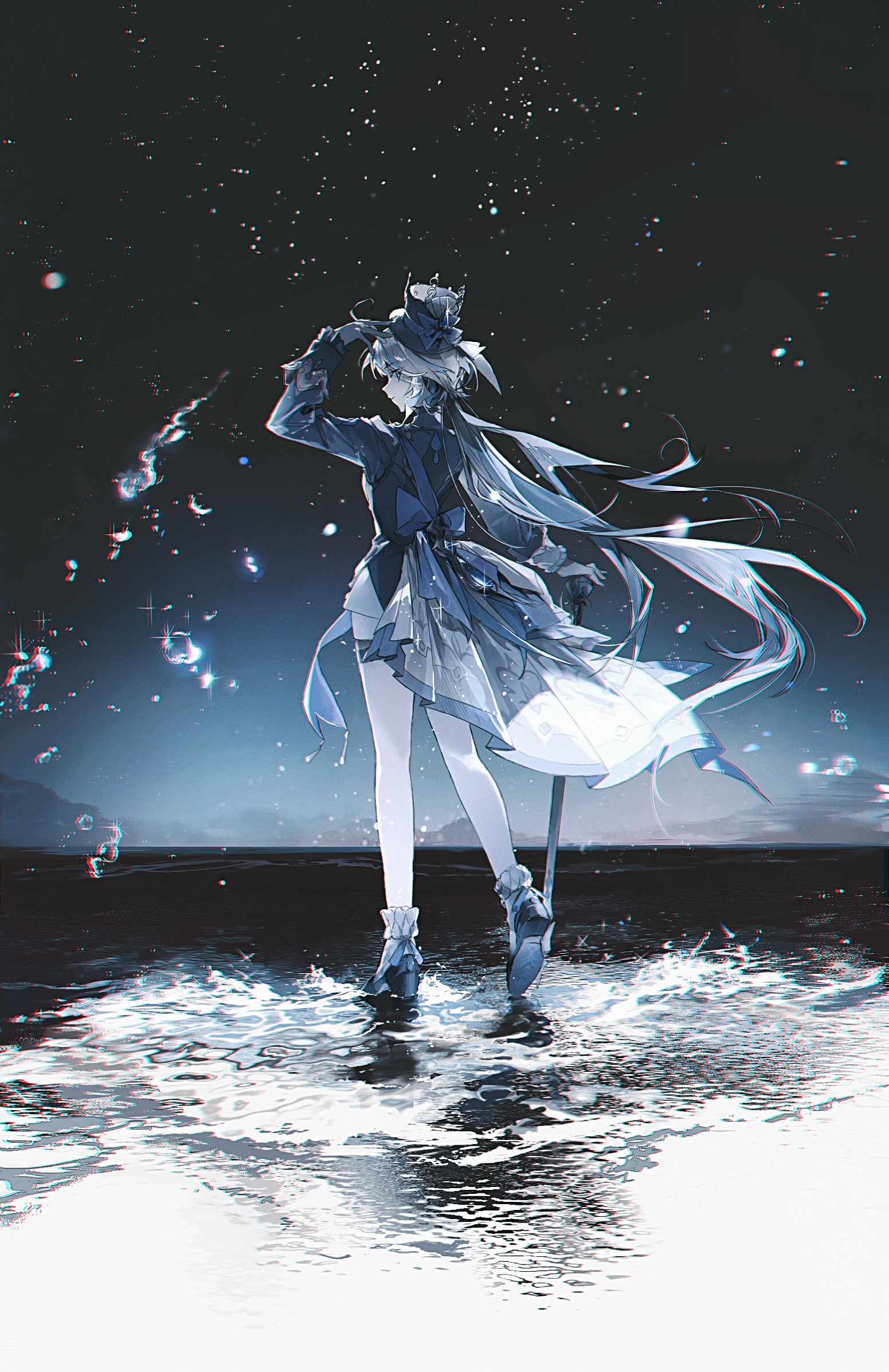 Safebooru - 1girl air bubble black footwear black gloves blue bow blue eyes blue hair blue ...