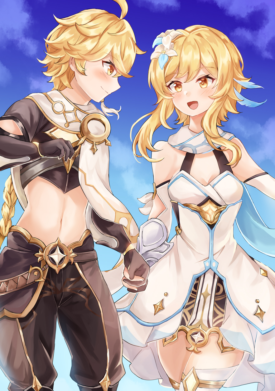 Safebooru - 1boy 1girl aether (genshin impact) ahoge arm armor arm up bare shoulders black ...