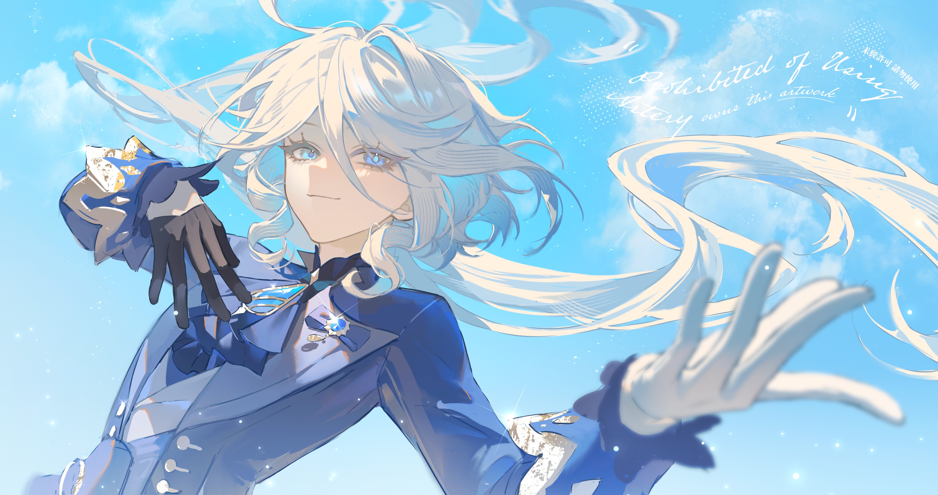 Safebooru - 1girl absurdres ascot asymmetrical gloves black gloves blue ascot blue brooch blue ...