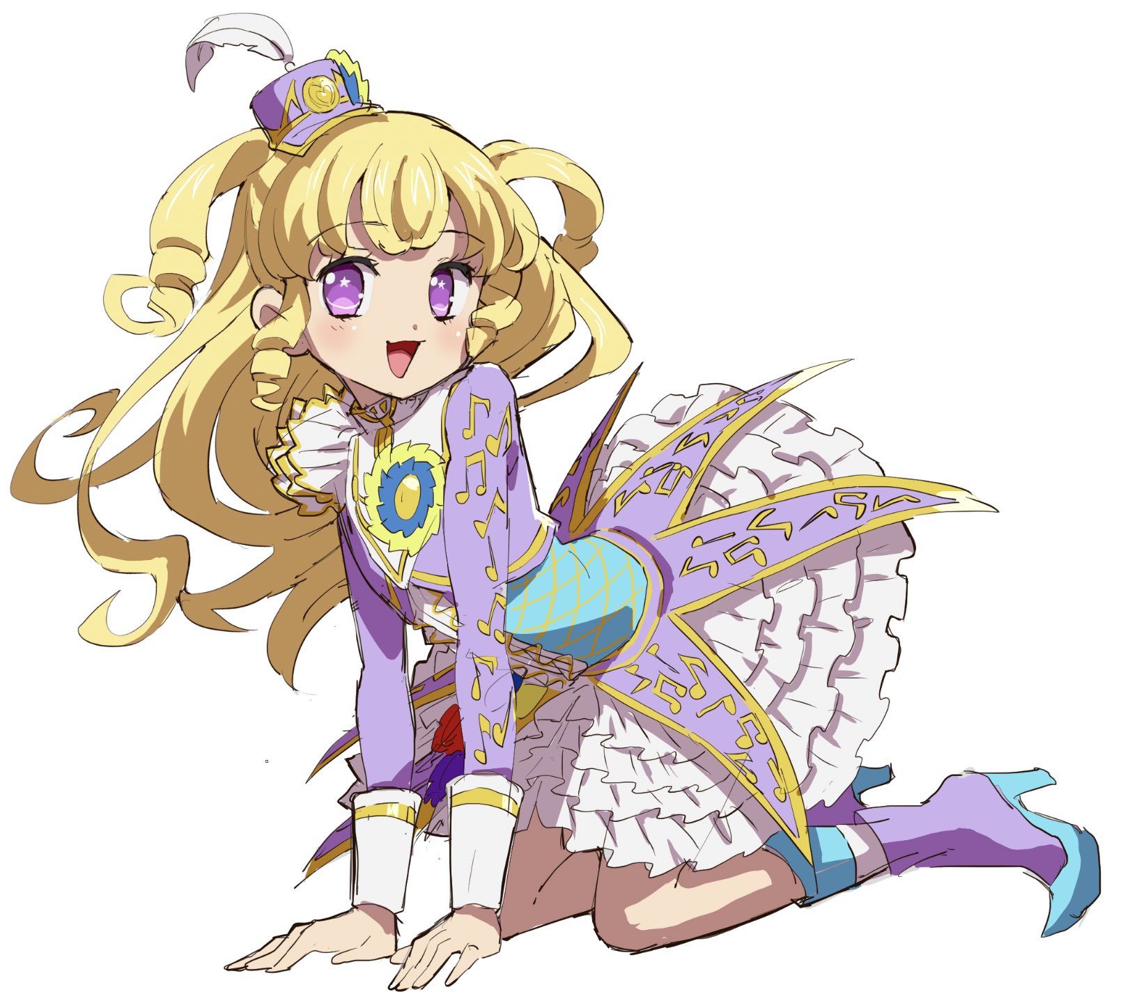 Safebooru - 1girl :d arm support blonde hair boots commentary request cropped jacket dress ...