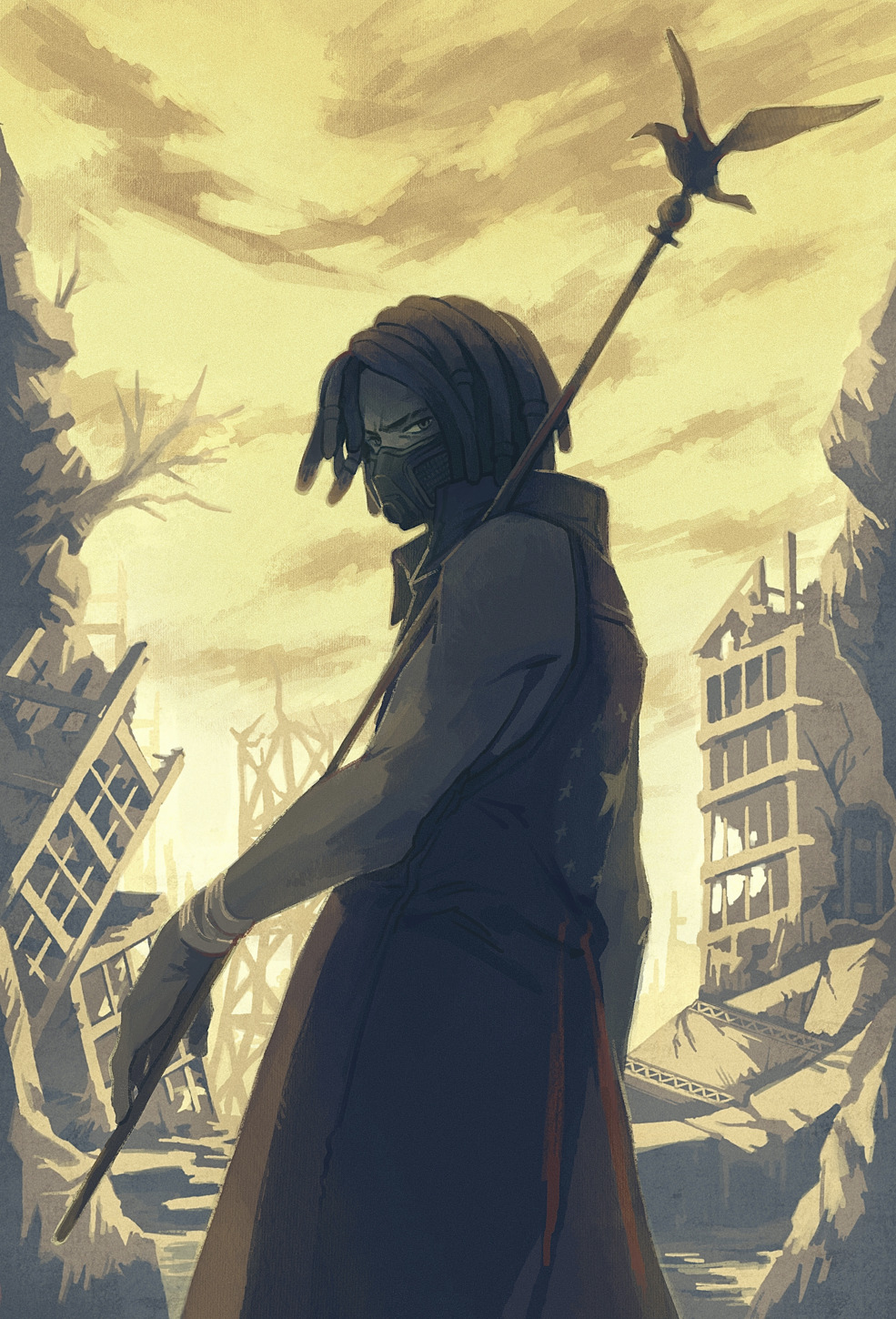 Safebooru - 1boy bare tree bird cropped feet dark skin dreadlocks dusk ...