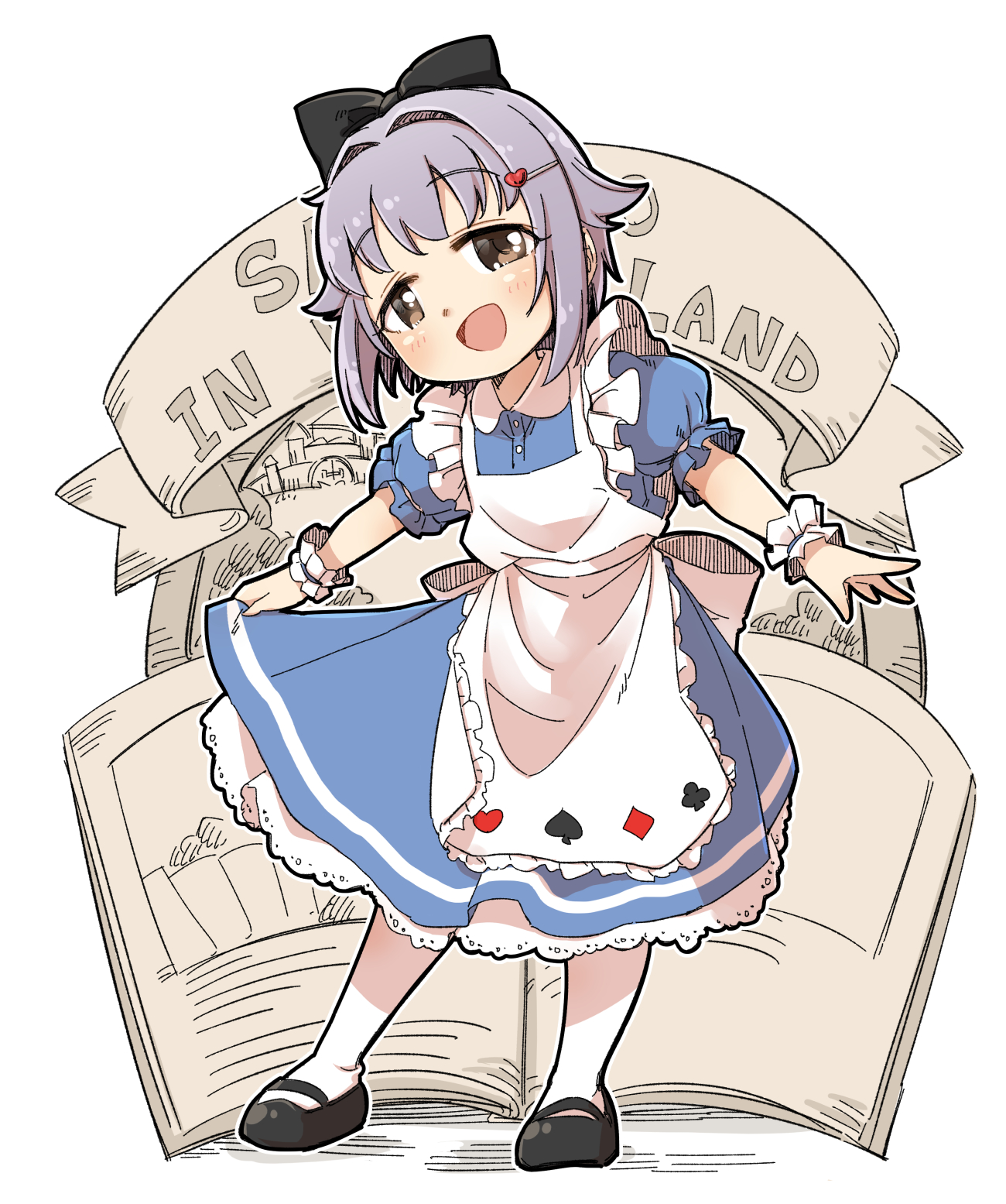 Safebooru - 1girl :d apron black bow black footwear blue dress blush bow brown eyes club (shape ...