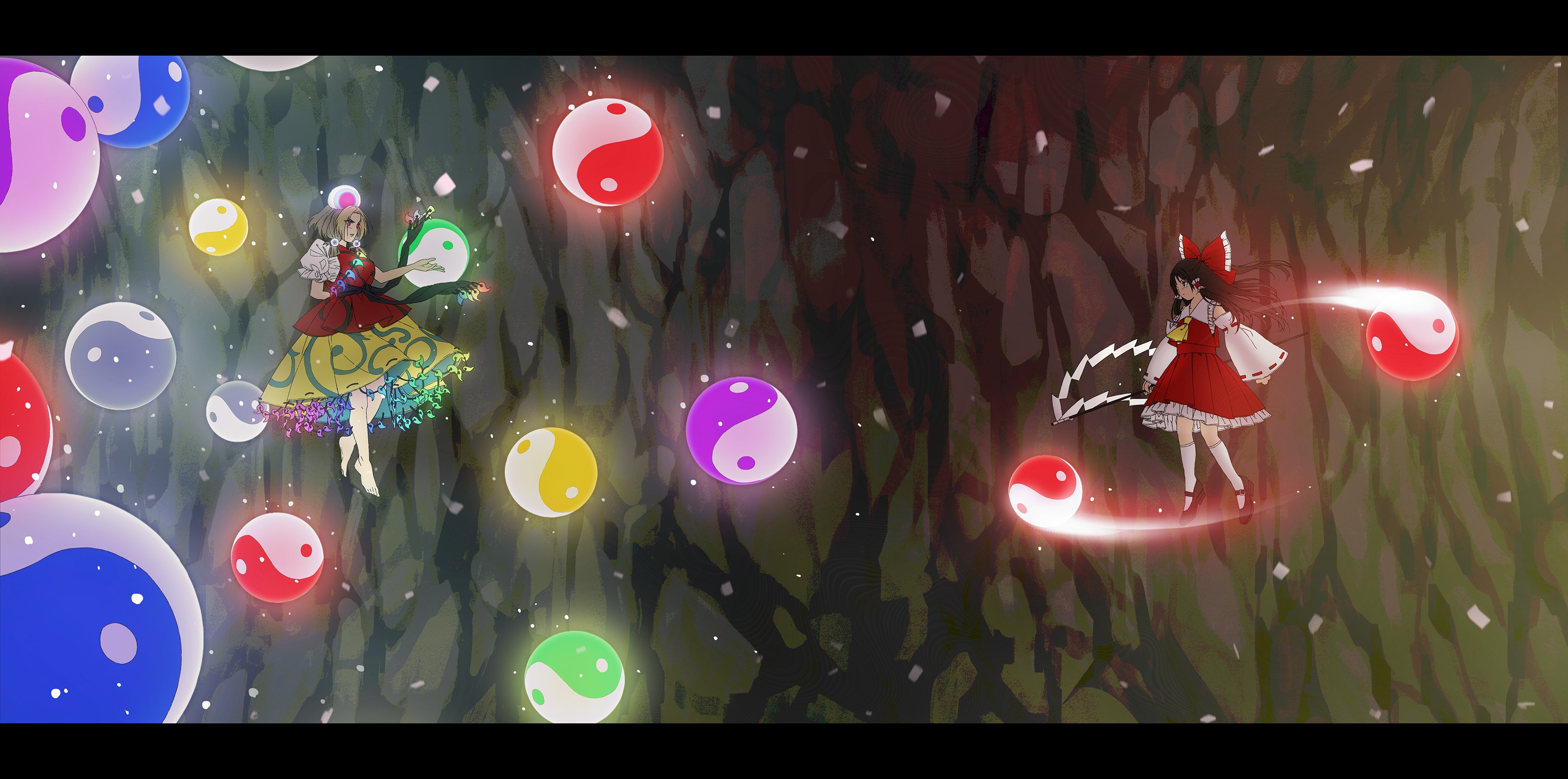 Safebooru - 2girls absurdres arm behind back ascot barefoot black hair bow commentary detached ...