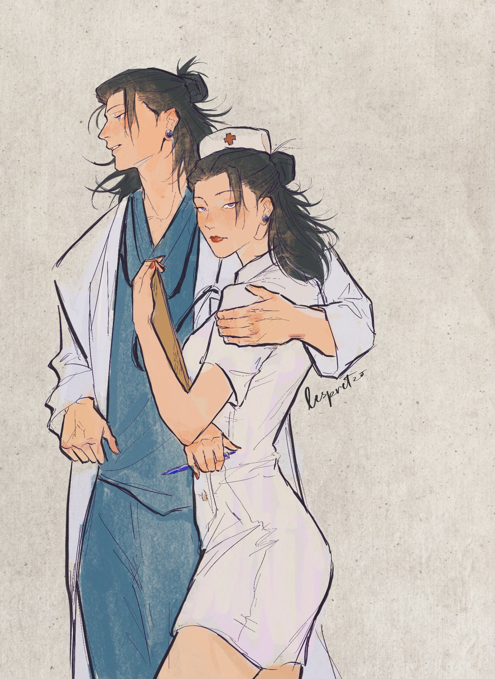 Safebooru - 1boy 1girl arm around shoulder black eyes black hair blue ...