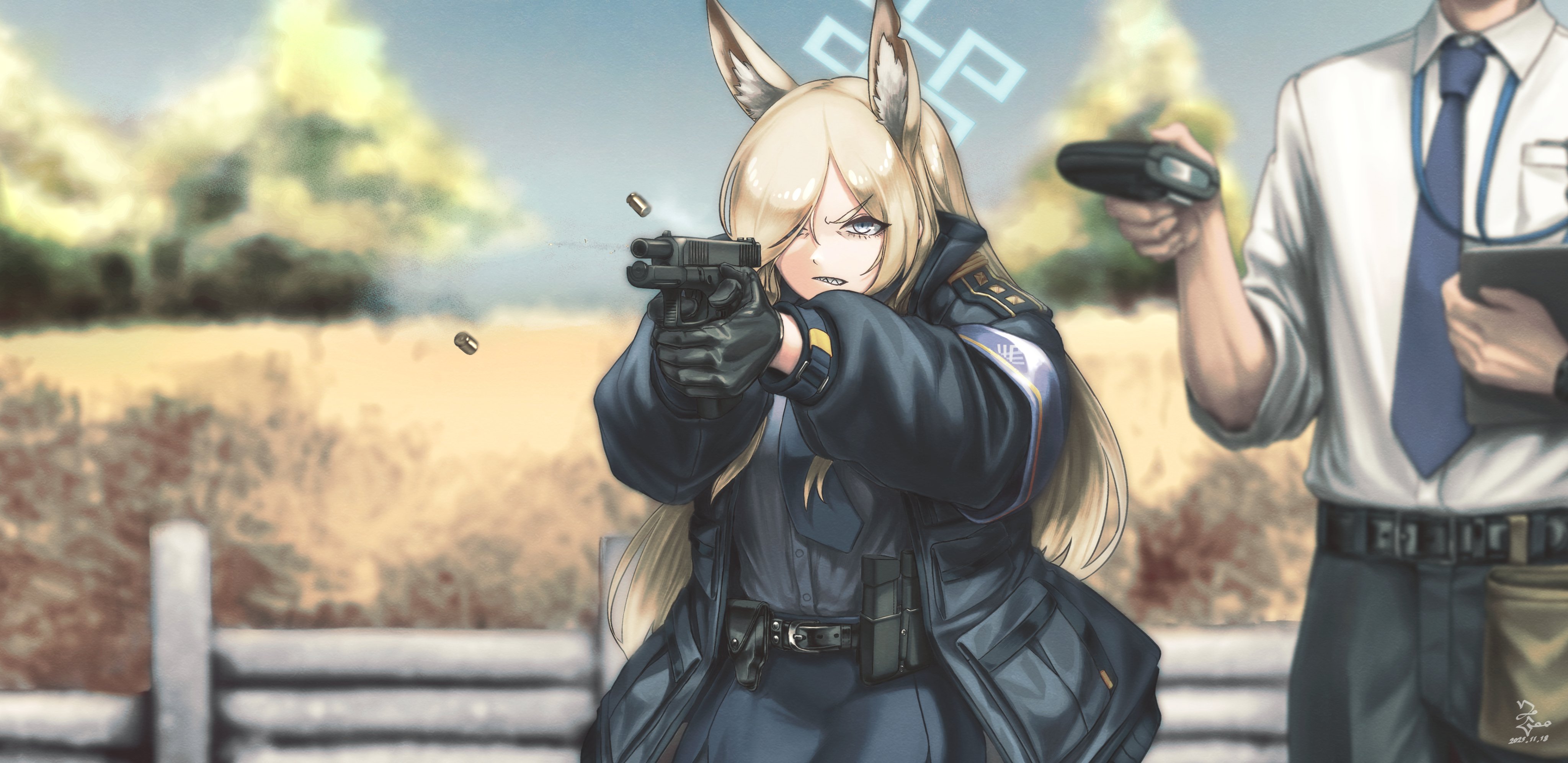 Safebooru - 1boy 1girl 1other absurdres aiming ambiguous gender ammunition pouch animal ears ...