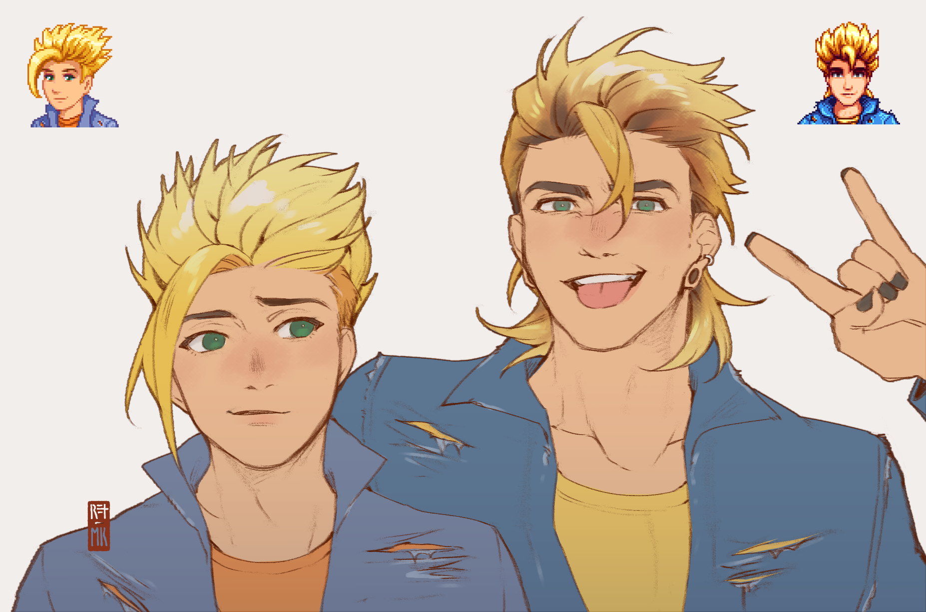 Safebooru - 1boy black nails blonde hair blue jacket ear piercing green ...