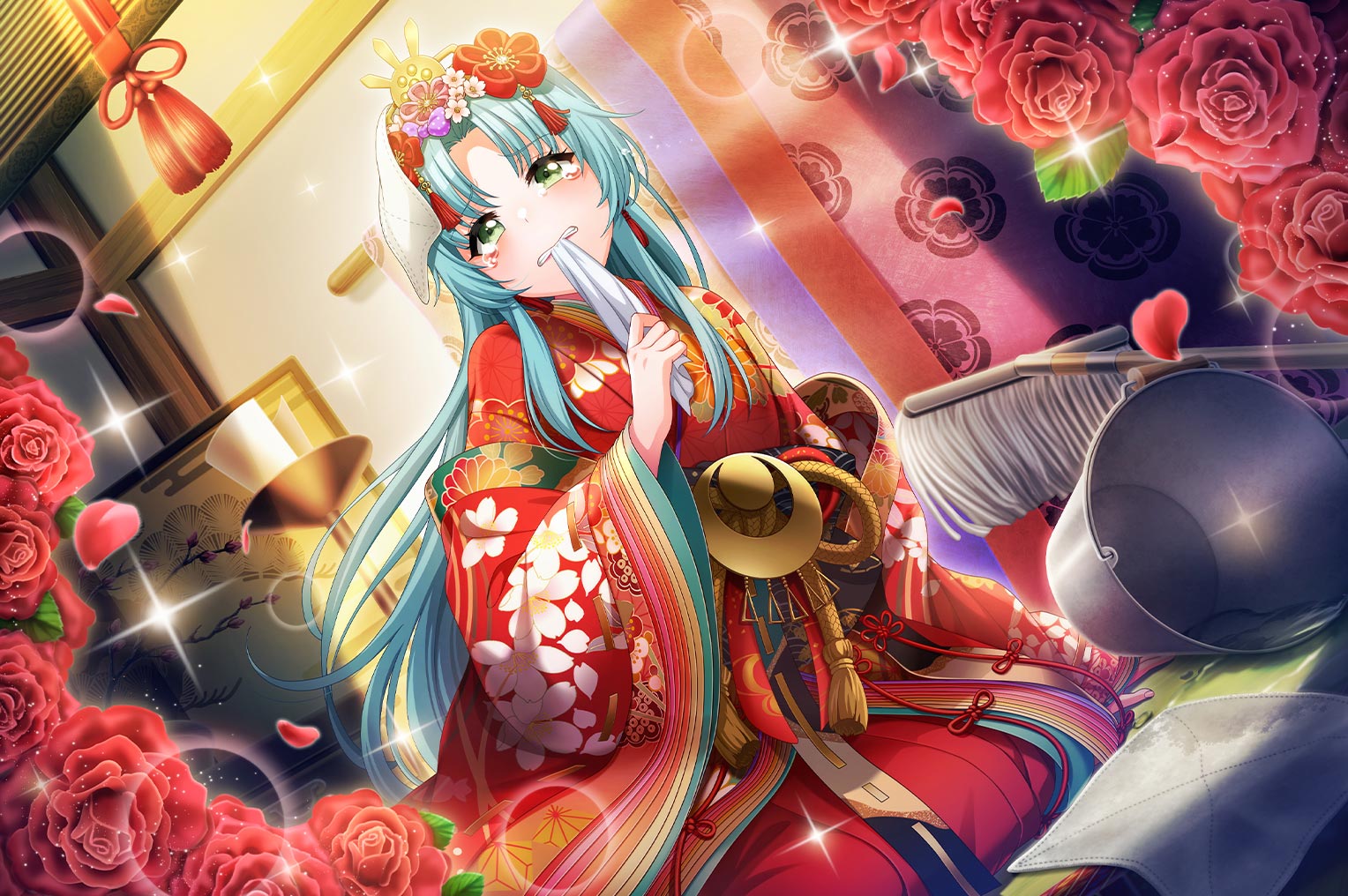 Safebooru - blush d4dj green eyes green hair hanamaki towa kimono long hair official art smile ...