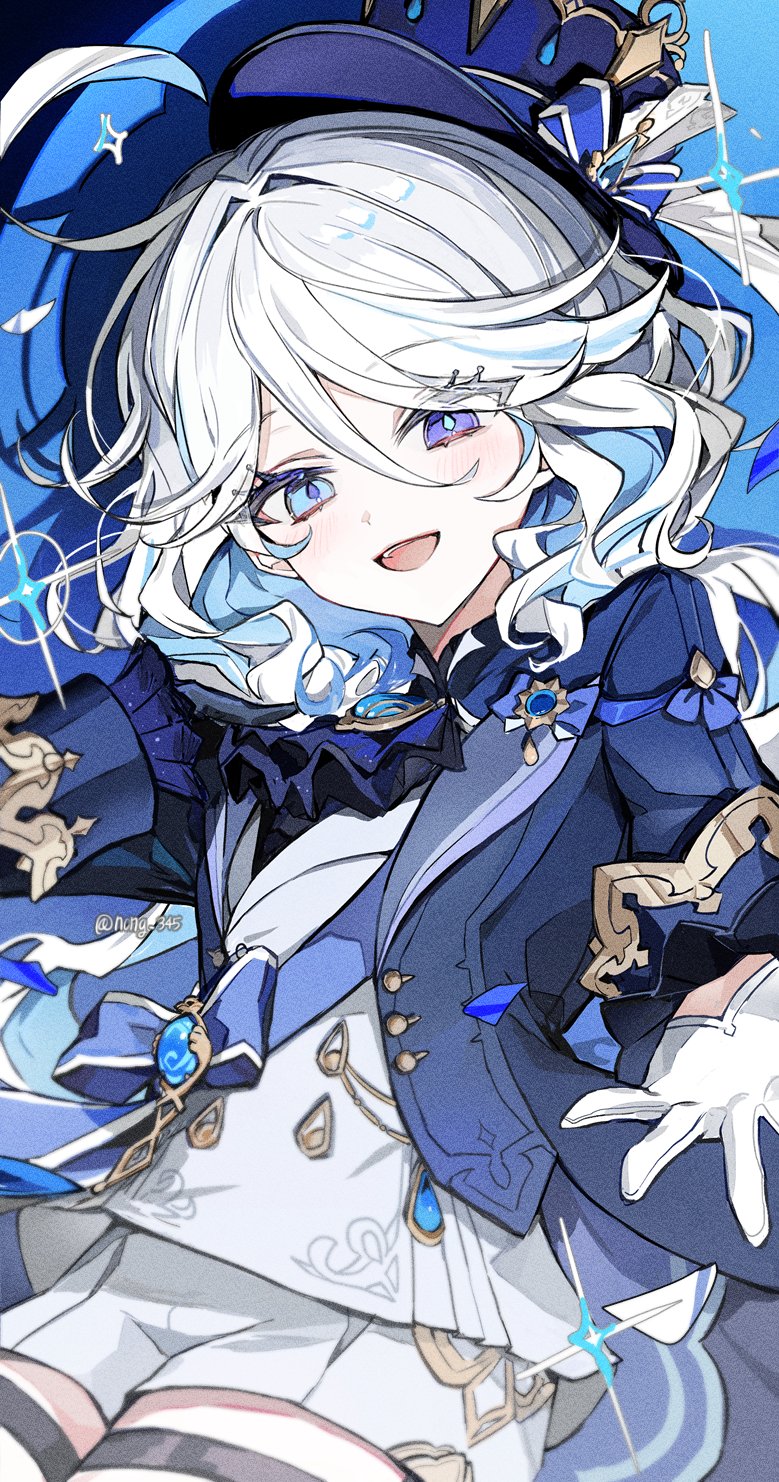 Safebooru - 1girl ahoge ascot asymmetrical gloves black ascot black gloves blue brooch blue eyes ...