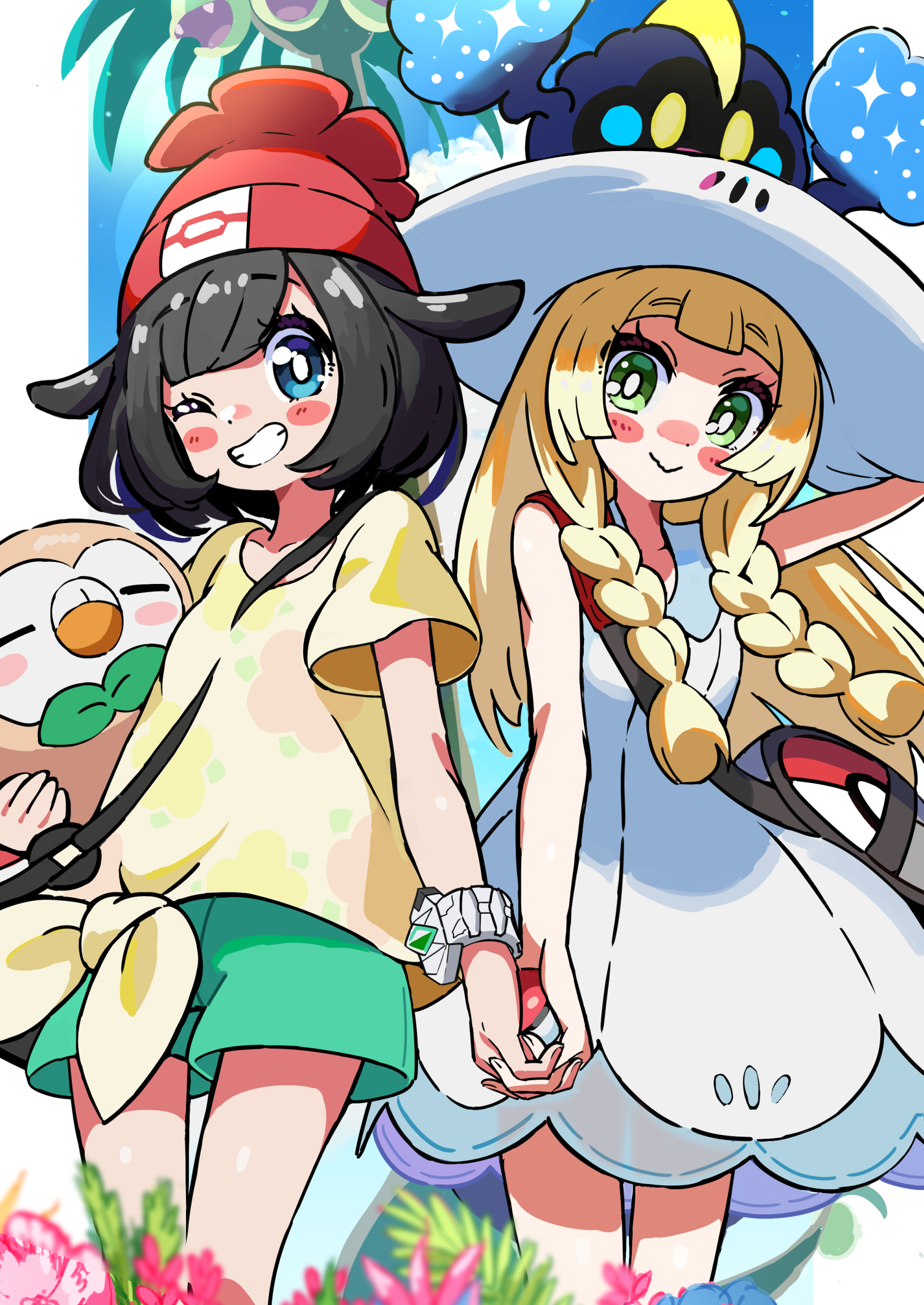 Safebooru - 2girls :> alolan exeggutor bag beanie black hair blue eyes ...